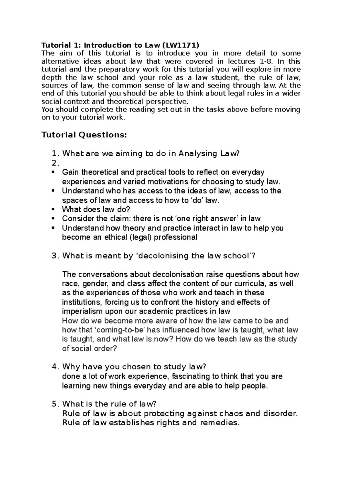 Tutorial 1 - Tutorial 1: Introduction to Law (LW1171) The aim of this ...