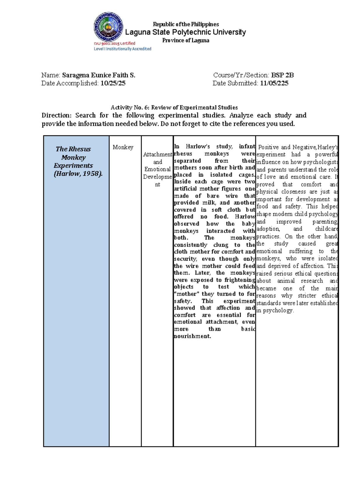 BSP 2B Activity 6: Review of Experimental Studies on Animal Behavior ...