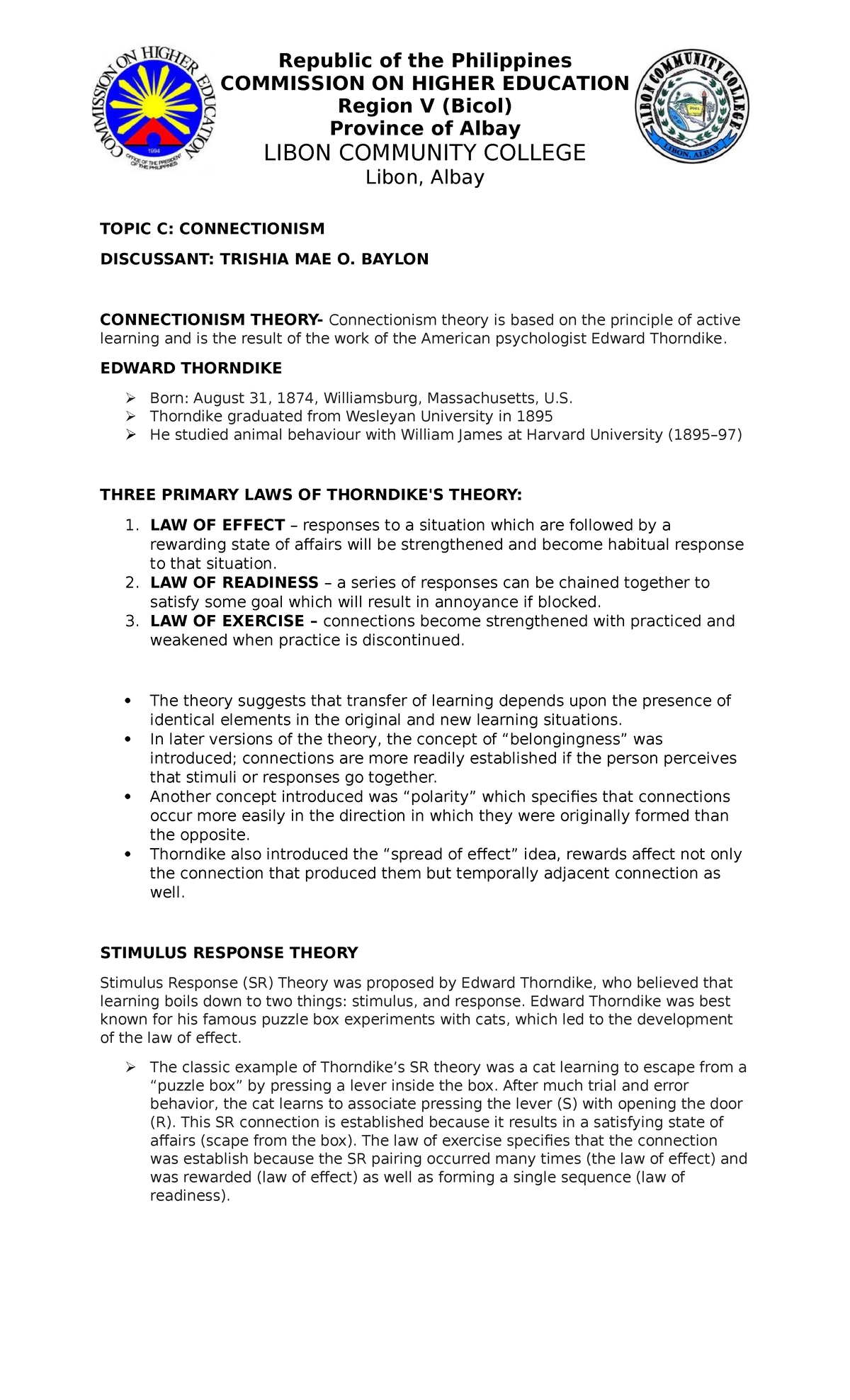 Connectionism and Thorndike's Learning Theories - CHED Region V - Studocu