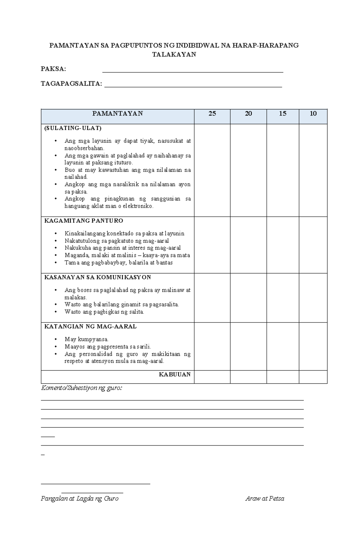 FILI-110 Pamantayan sa Pagmamarka ng Individual na Pagsusuri - Studocu