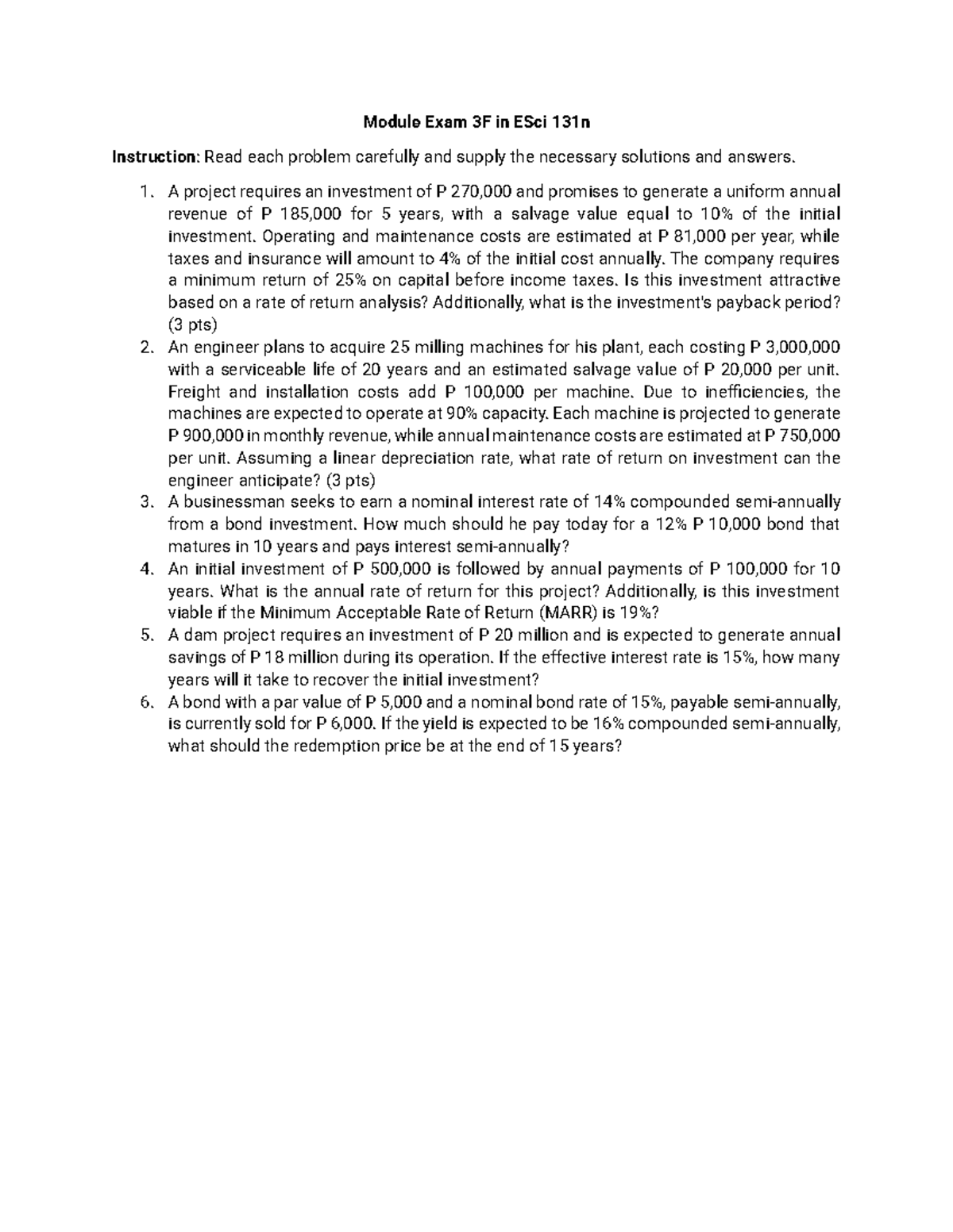ESci 131n Module Exam 3F: Investment Analysis & Rate of Return - Studocu