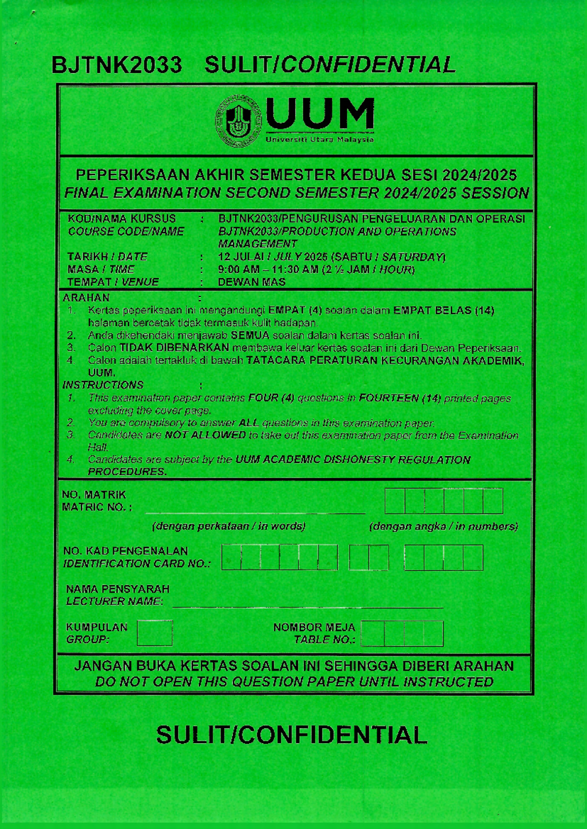 BJTNK2033 Final Exam Paper: Production and Operations Management 2024/ ...