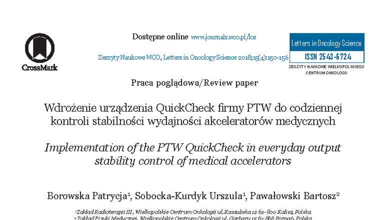 Wdrożenie QuickCheck PTW w codziennej kontroli akceleratorów medycznych ...