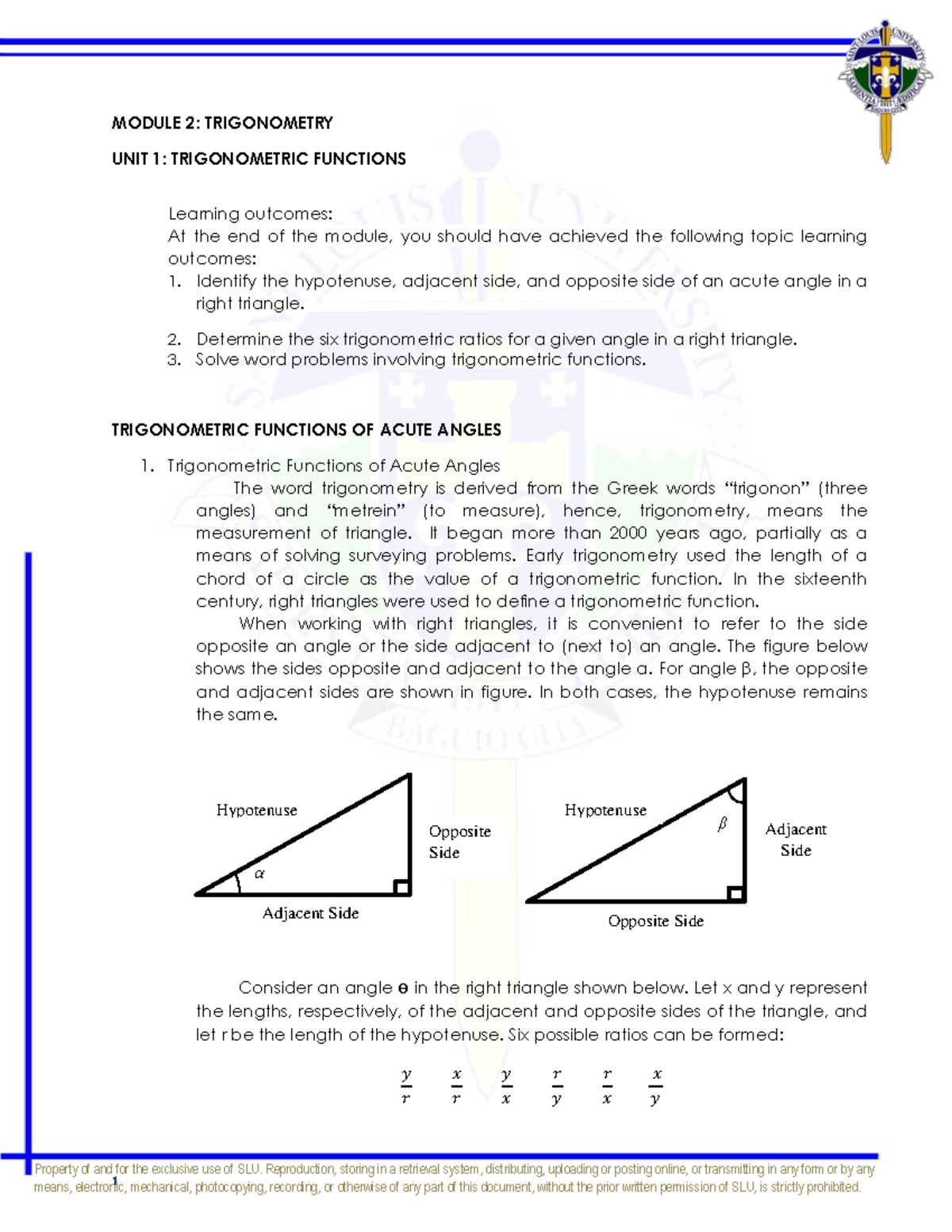 ENGG MATH 1 Module 2 Trigonometry - Property of and for the exclusive use of SLU. Reproduction ...