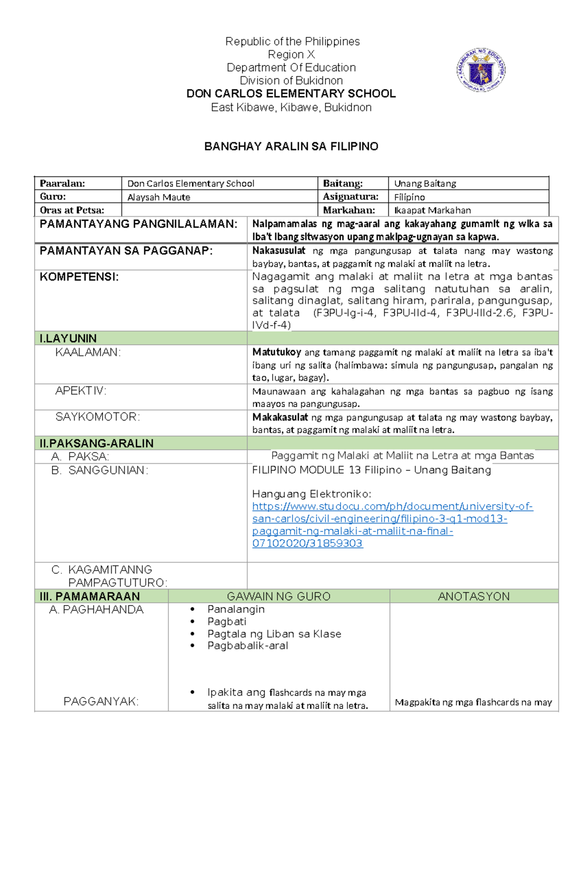 Lesson Plan In Elementary Filipino - Republic of the Philippines Region ...