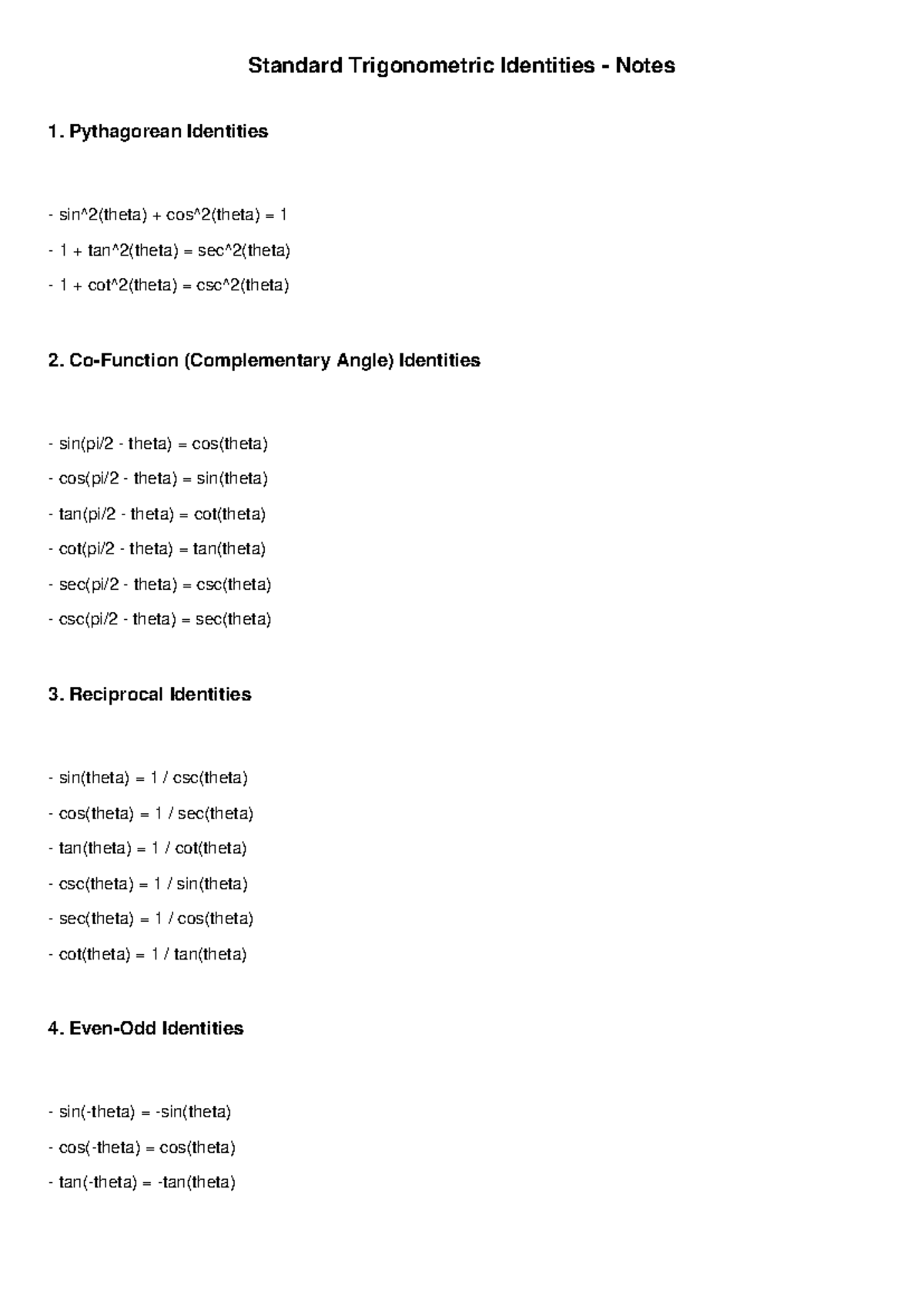 Trigonometric Identities Notes Corrected - Standard Trigonometric ...
