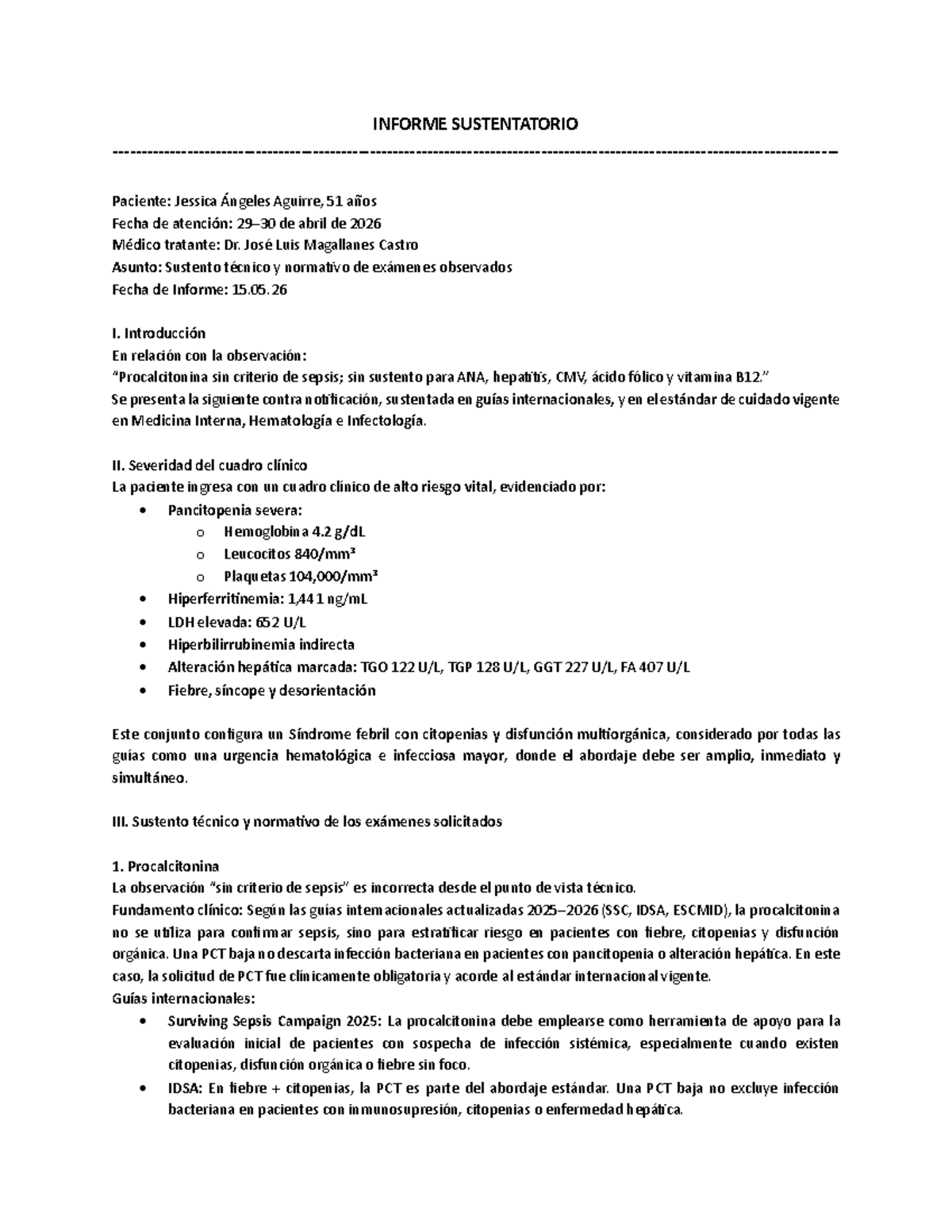 Informe Sustentatorio sobre Exámenes Clínicos - Caso Jessica A. Aguirre ...