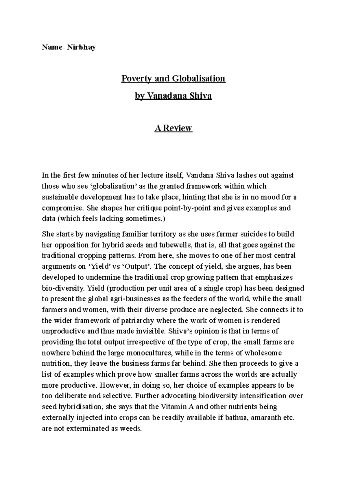Nirbhay Poverty and Globalisation: A Review of Vandana Shiva's Lecture ...