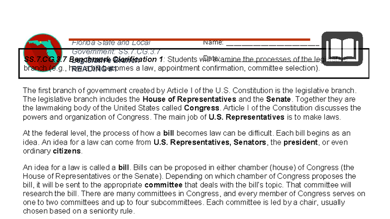 Legislative Branch Overview: Processes & Committees - SS.7.CG.3.7 - Studocu