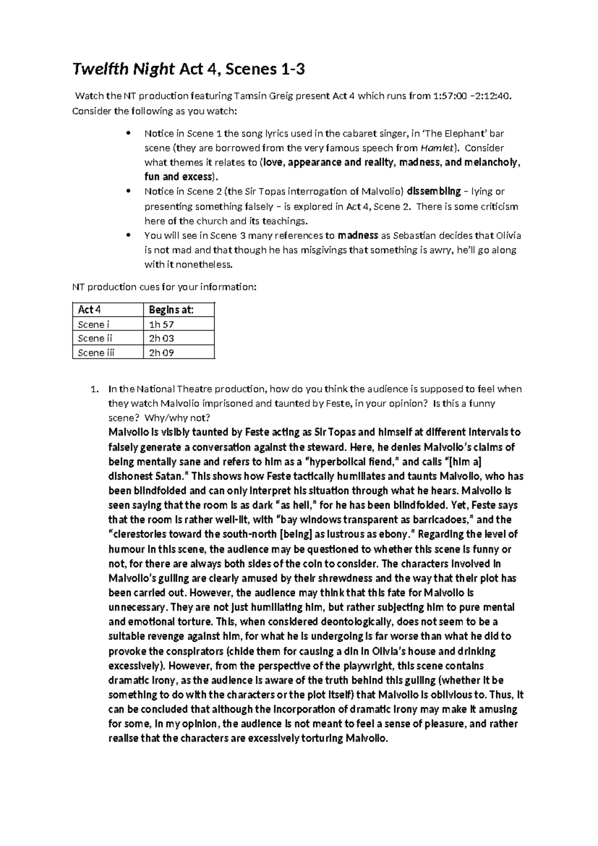 Twelfth Night - Detailed Study of Acts 4 & 5 Insights - Studocu