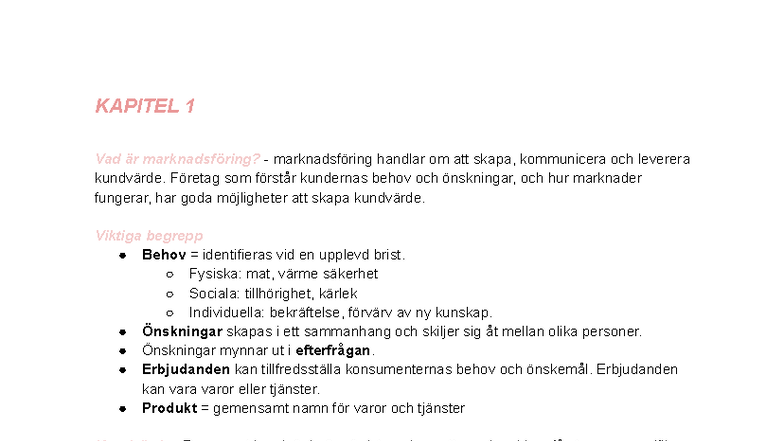 KAPITEL 1: Introduktion till Marknadsföring och Strategier för Tenta - Studocu