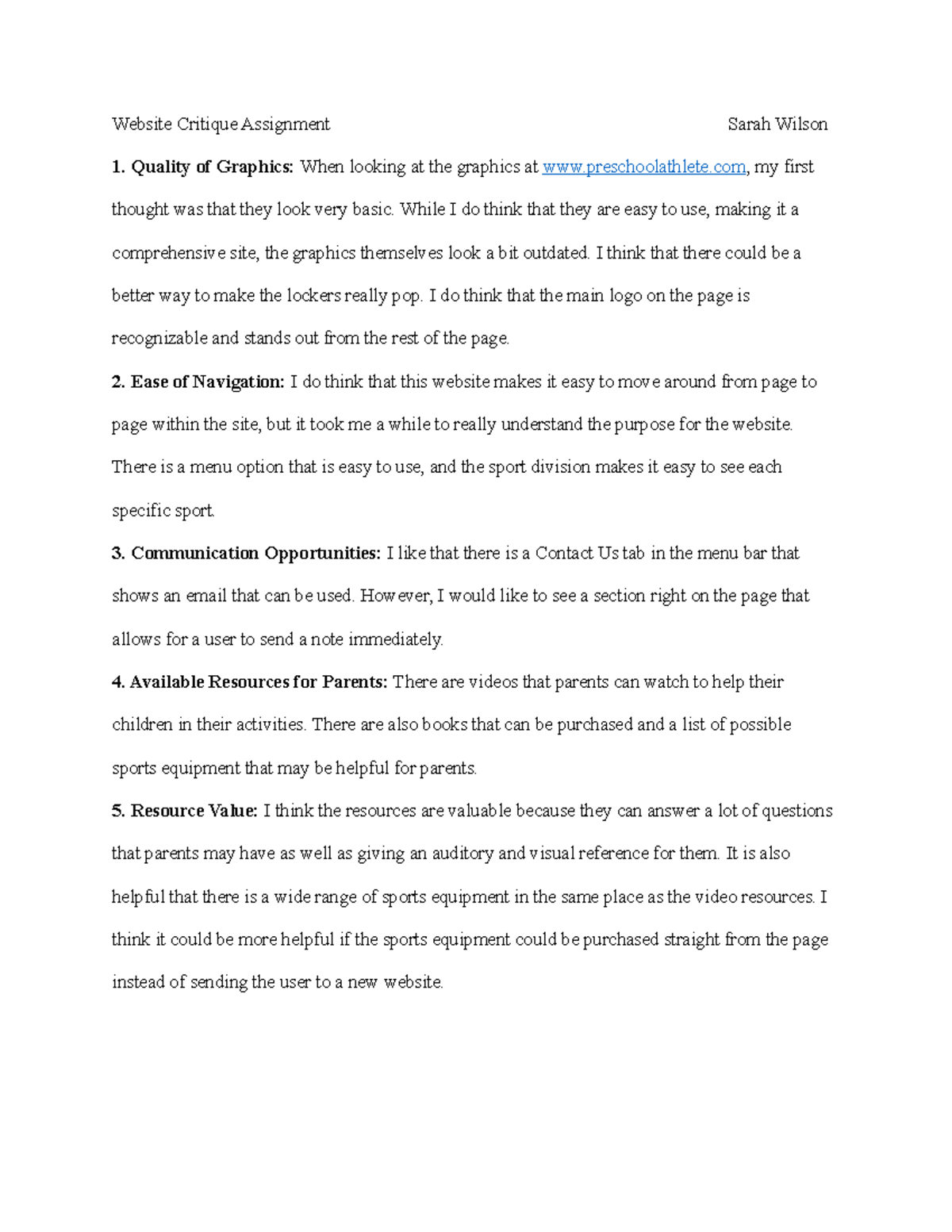 WEB 101: Website Critique Assignment - Analysis of Preschool Athlete ...