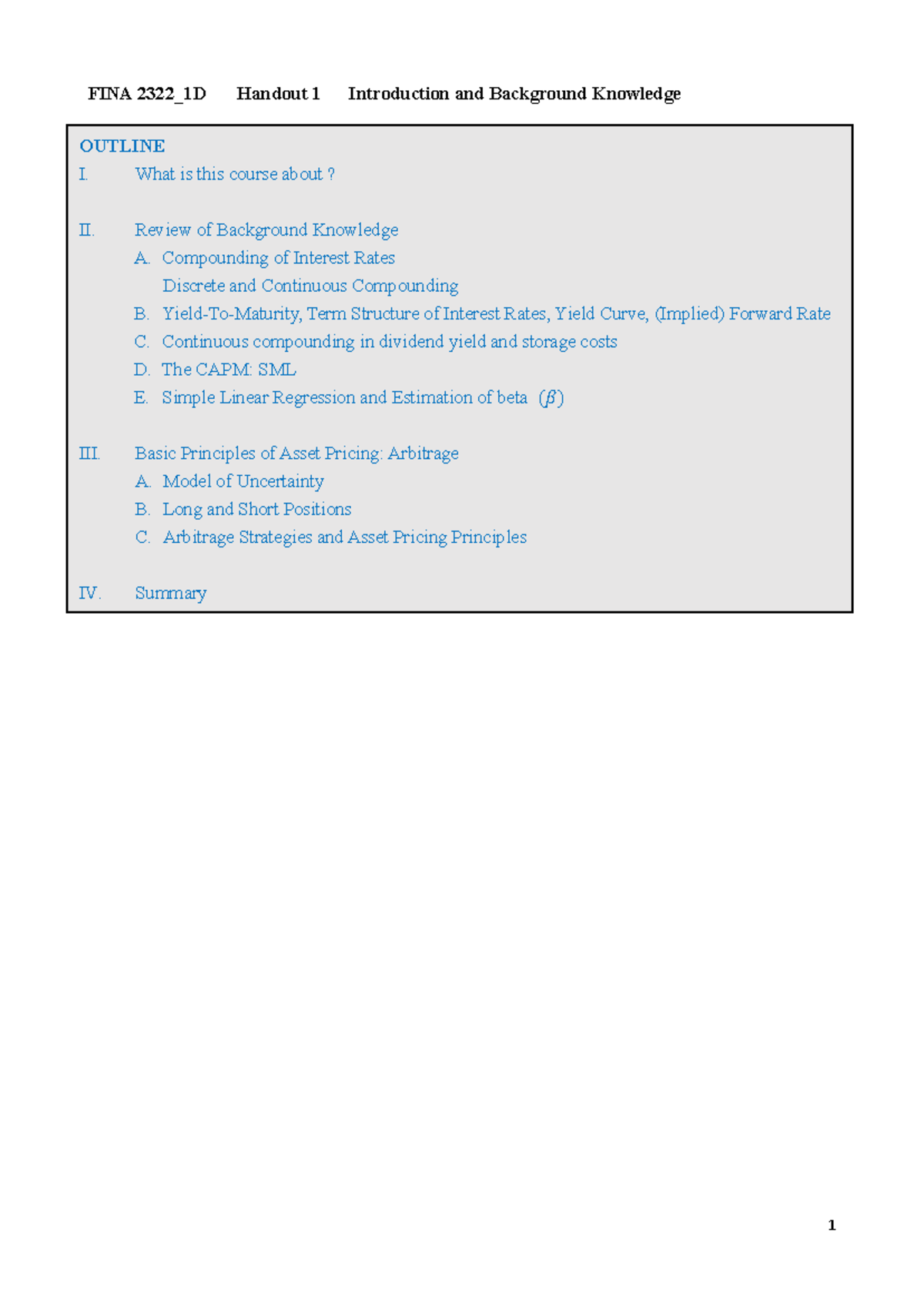 FINA 2322 Handout 1: Intro to Financial Risk Management Concepts - Studocu