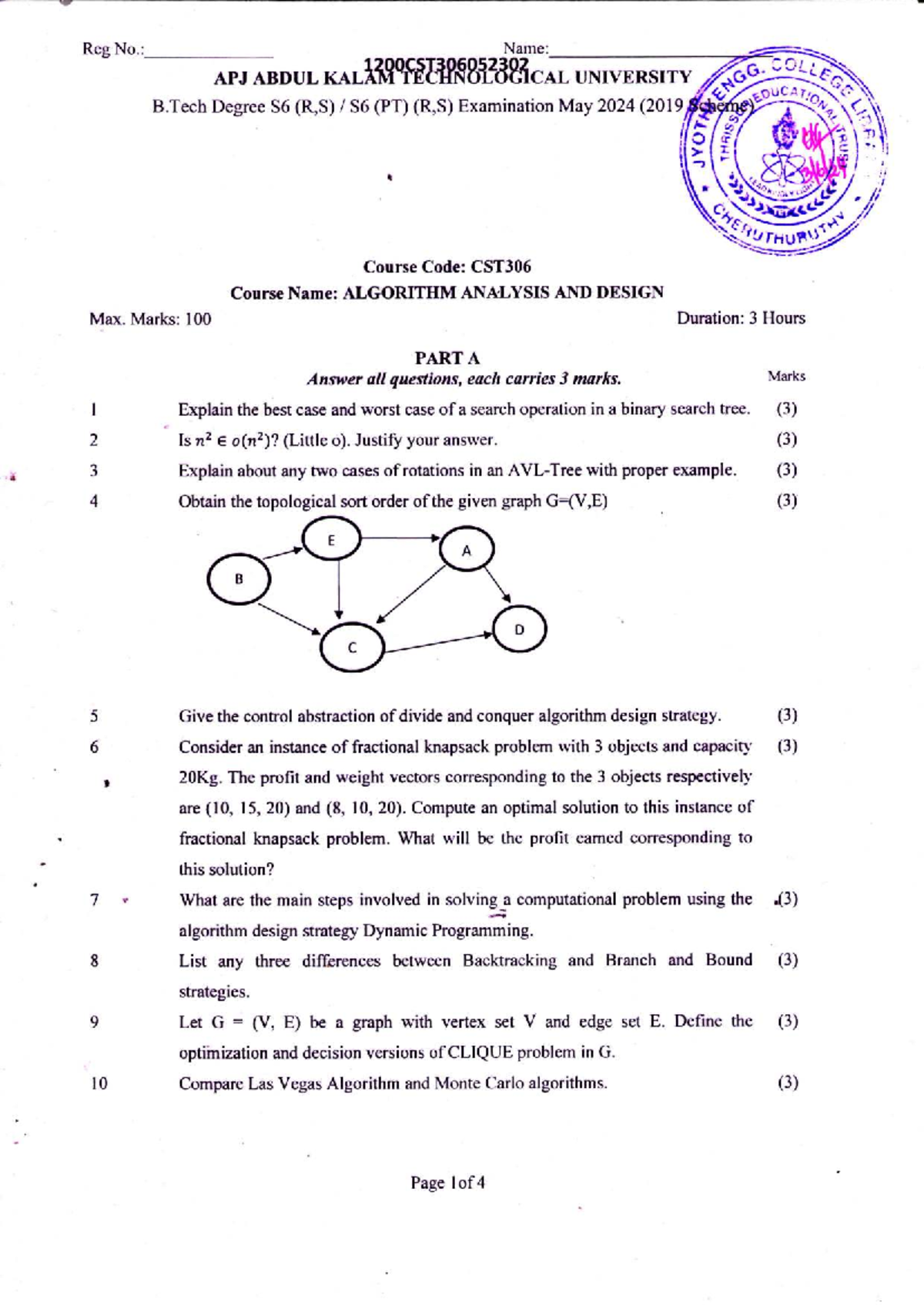 CST306 Algorithm Analysis and Design Exam Questions - May 2024 - Studocu