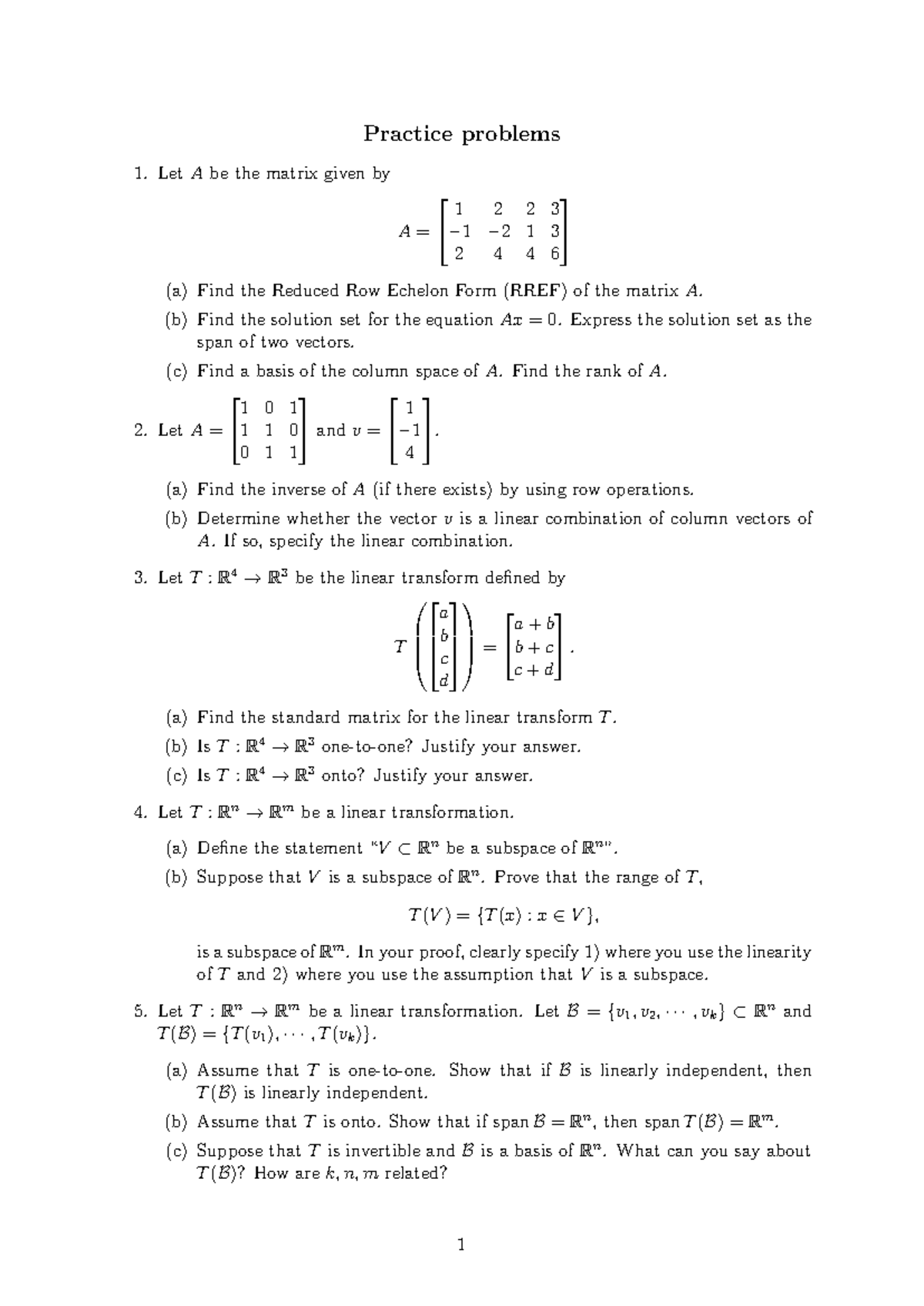 Linear Algebra Practice Problems: RREF, Transformations, and Basis ...