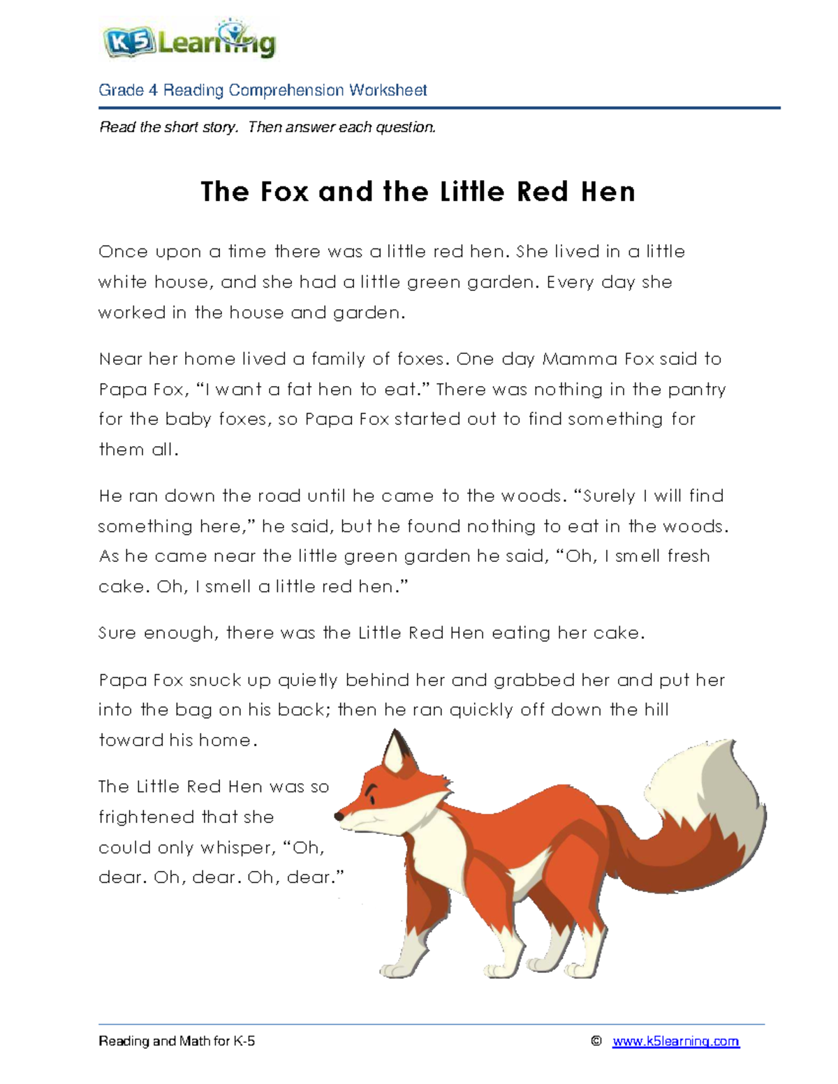 Grade 4 Reading Comprehension: The Fox and the Little Red Hen - Studocu