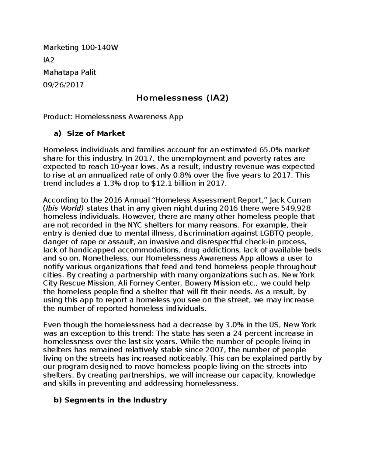 IA2 - Individual Assignment - Marketing IA2 Mahatapa Palit Homelessness (IA2) Product ...