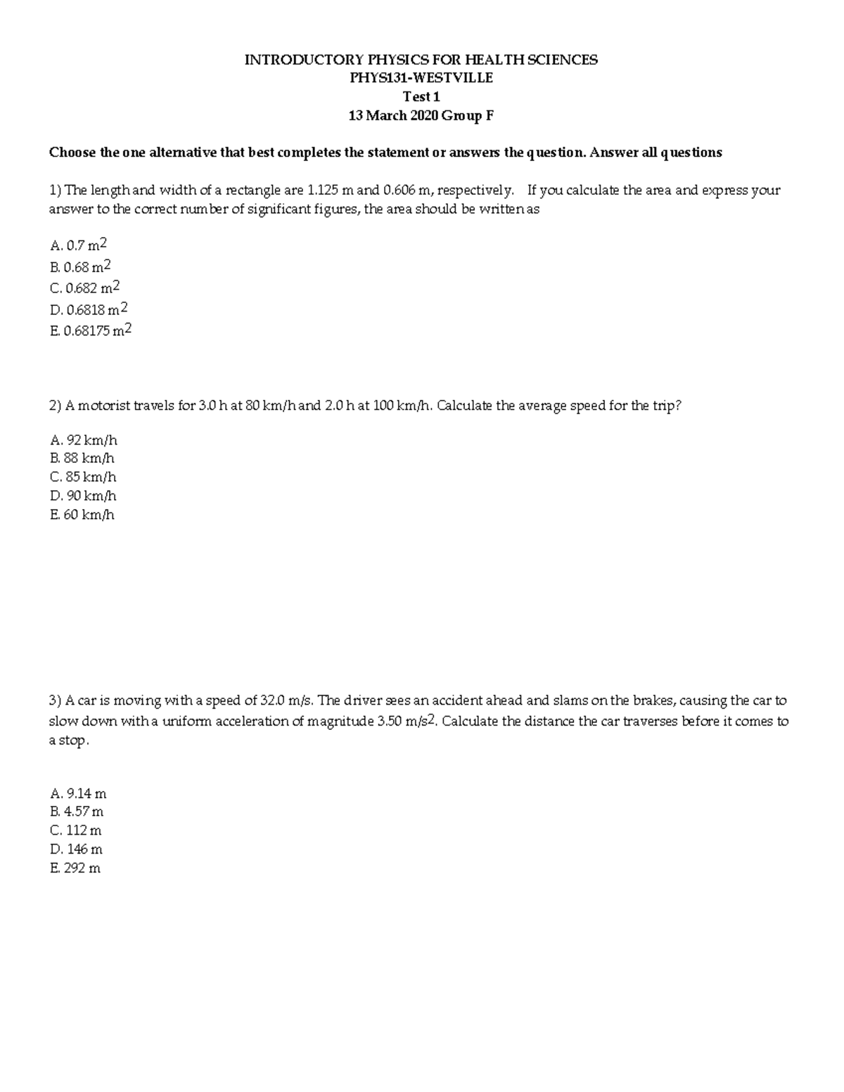 PHYS131 Test 1 - Introductory Physics for Health Sciences - Studocu