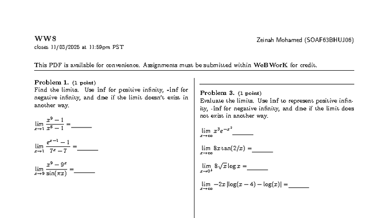 MATH V 180 2025W1 Differential Calculus Limit Problems and Solutions ...