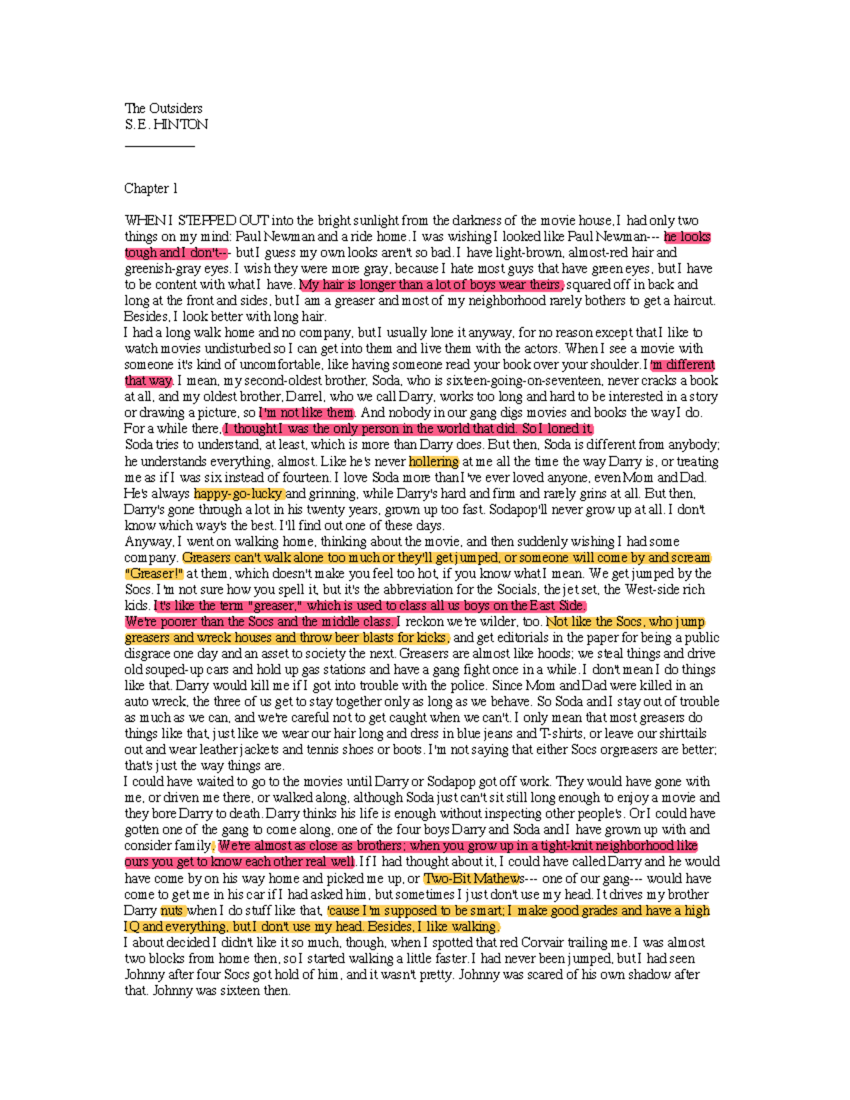The Outsiders Chapter 1 Summary and Analysis (ENG102) - Studocu