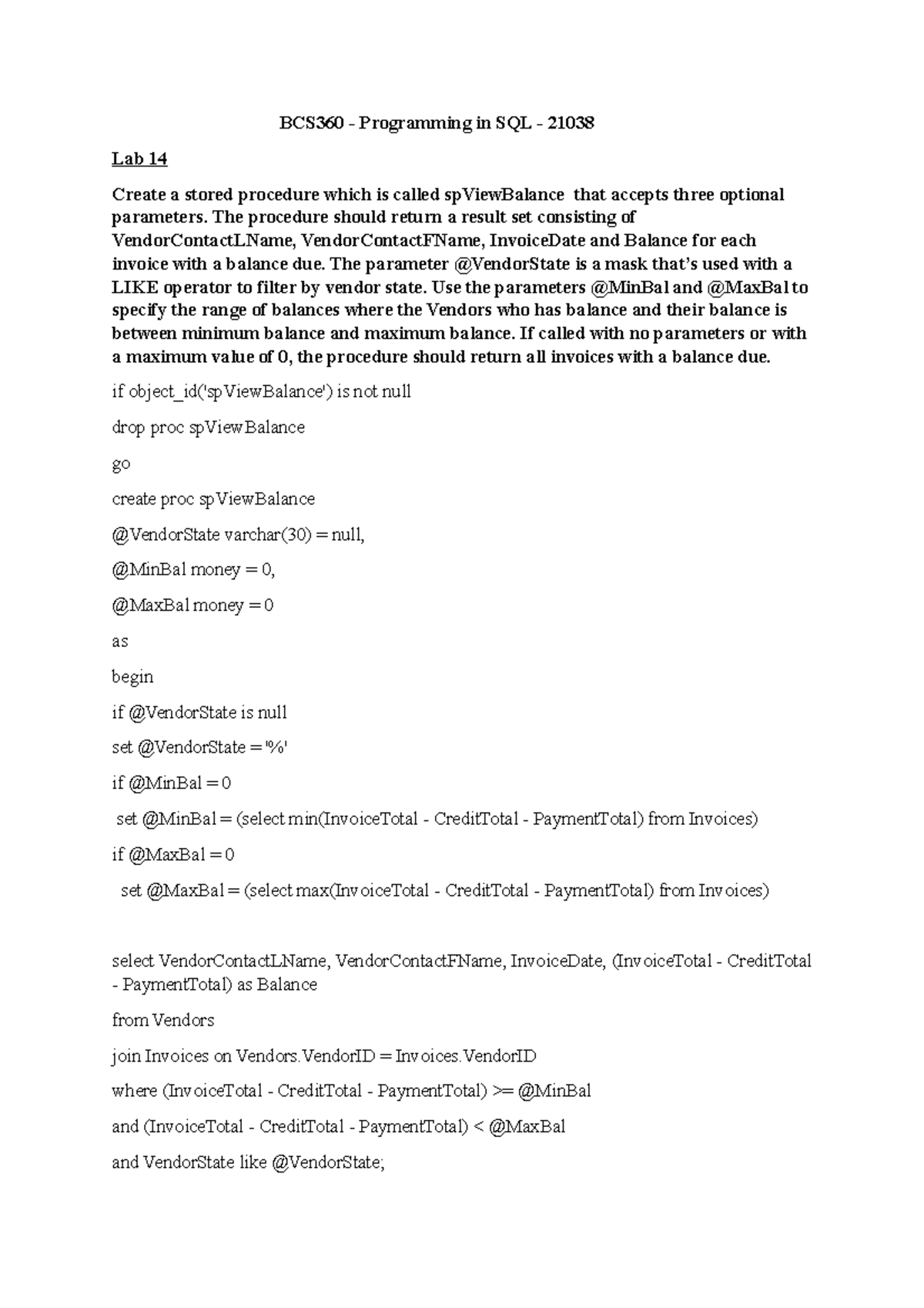 Lab14 - Programming in SQL - BCS360 - Programming in SQL - 21038 Lab 14 ...