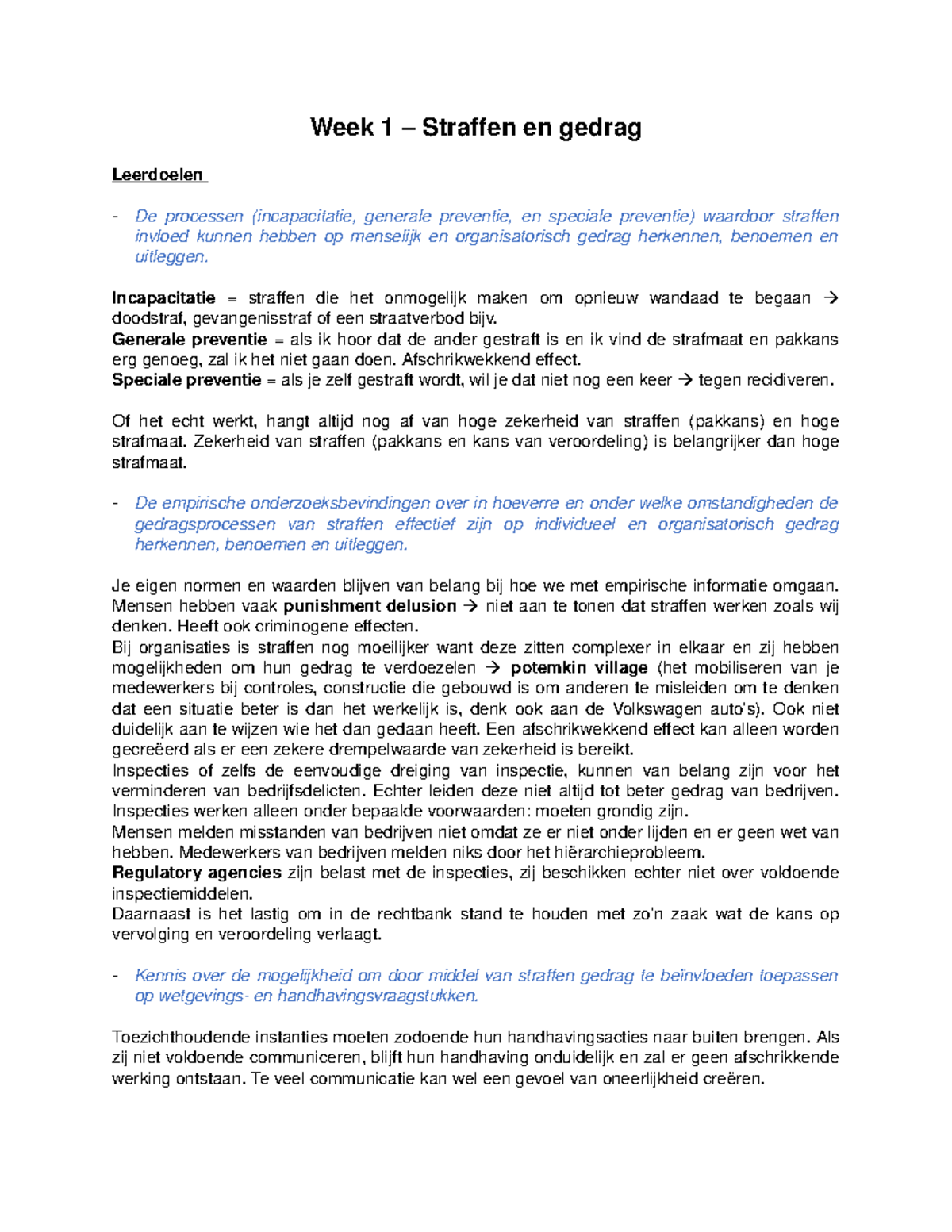 RMG leerdoelen WEEK 1 - Week 1 Straffen en De processen (incapacitatie ...