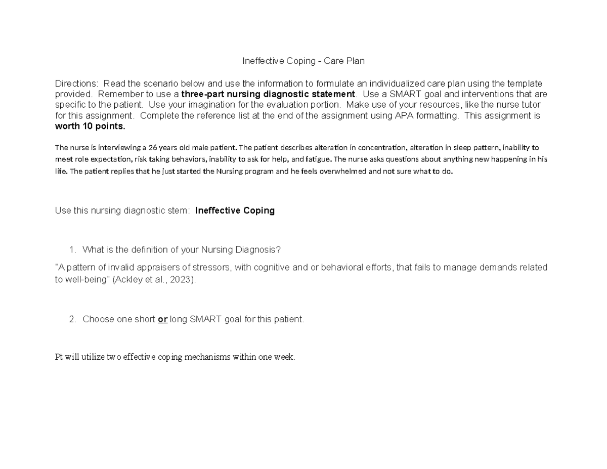 Ineffective Coping Care Plan (Nursing Diagnoses: 10 Points) - Studocu