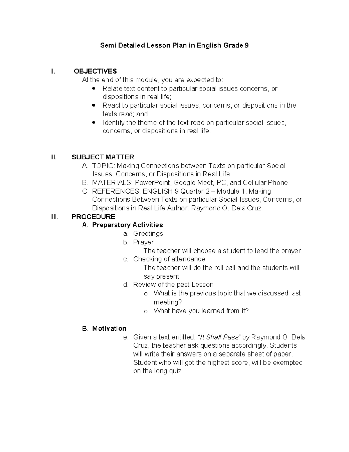 Semi Detailed Lesson Plan: Texts & Social Issues for English 9 - Studocu