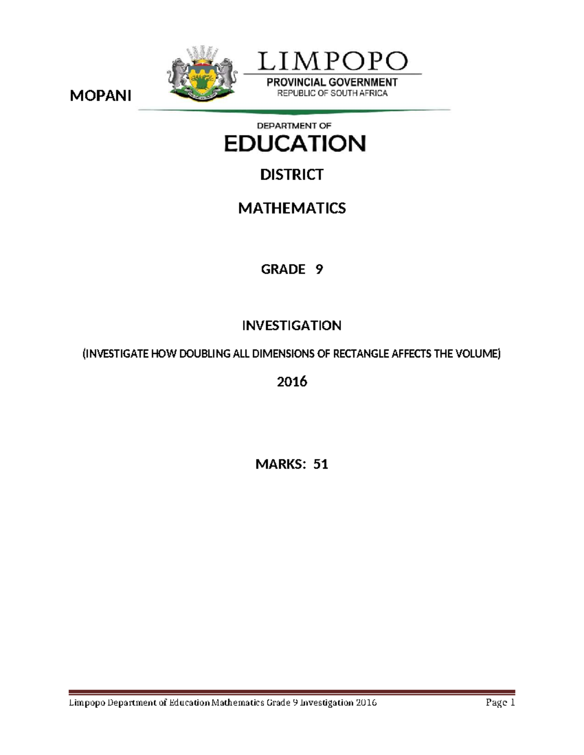 MOPANI DISTRICT GRADE 9 MATH INVESTIGATION: RECTANGLE DIMENSIONS - Studocu