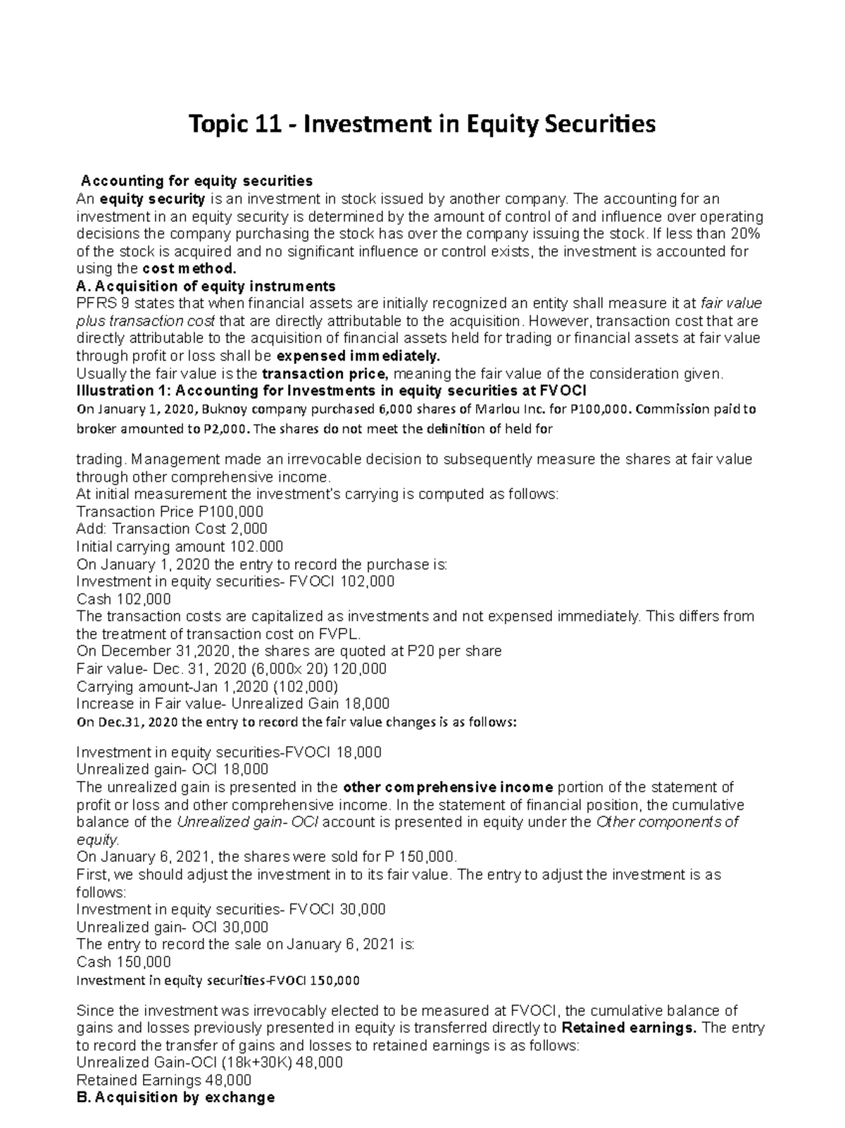 Lecture Notes: Equity Securities & Associates (ACC 201) - Studocu