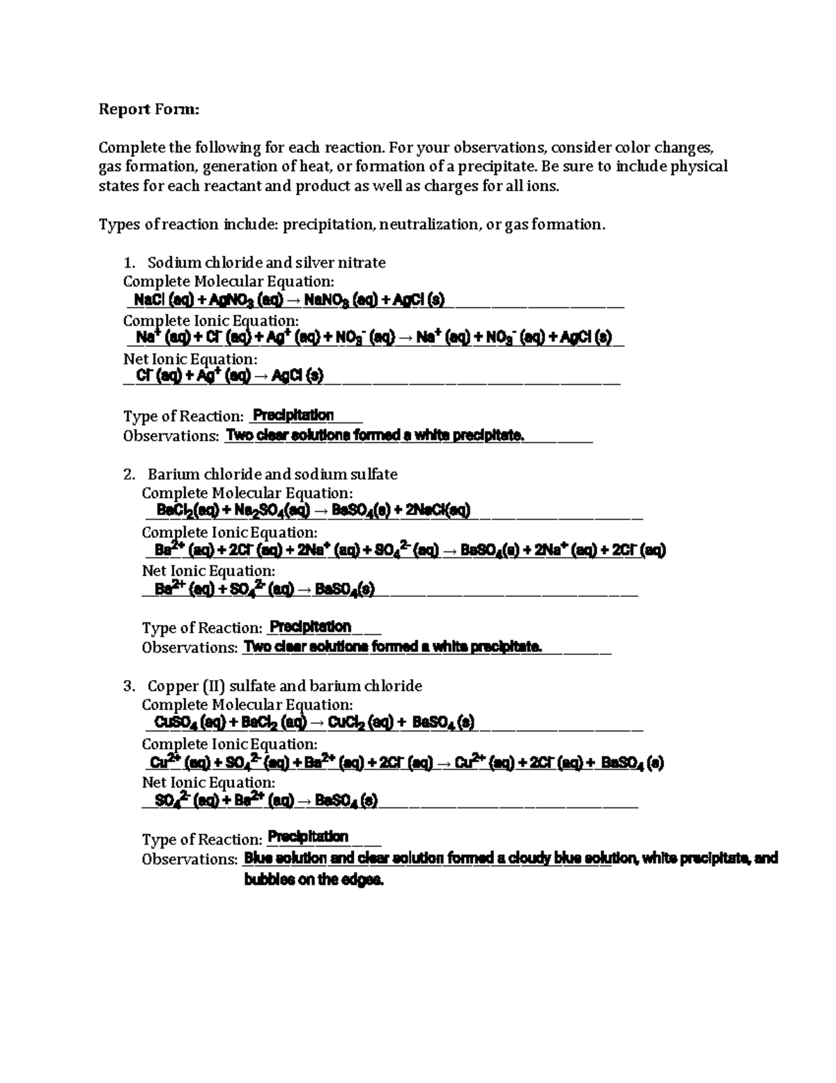Report Form 5 - Report Form: Complete the following for each reaction ...