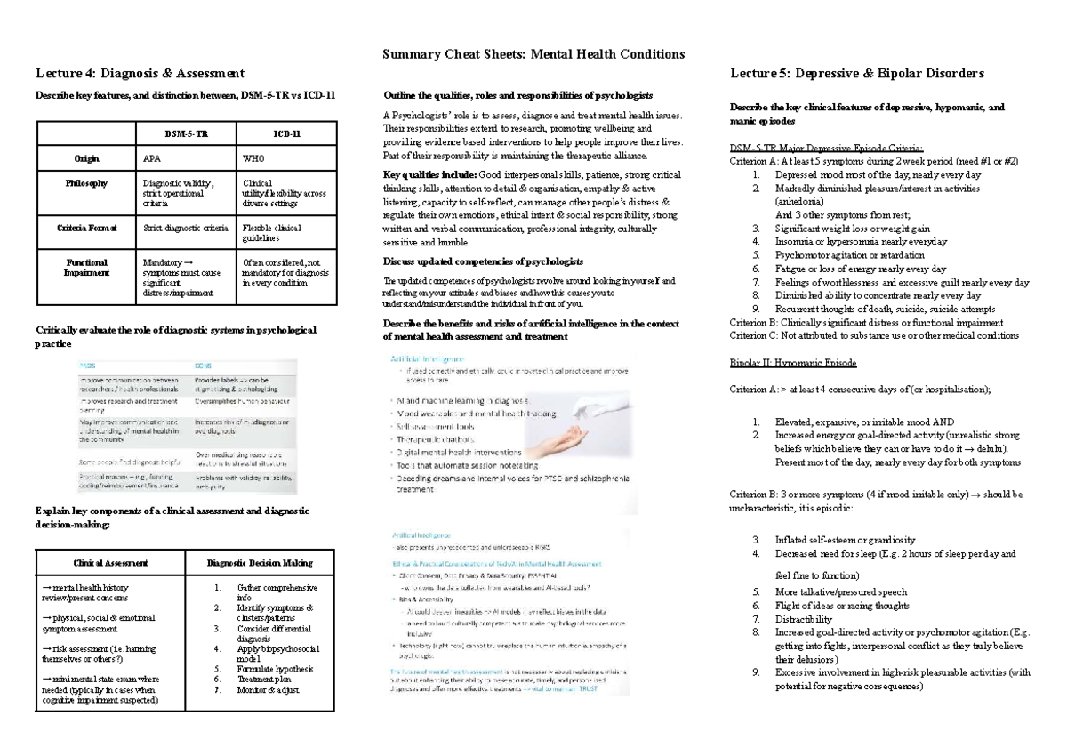 Mental Health Conditions (Week 5) Summary Notes: Diagnosis & Assessment ...