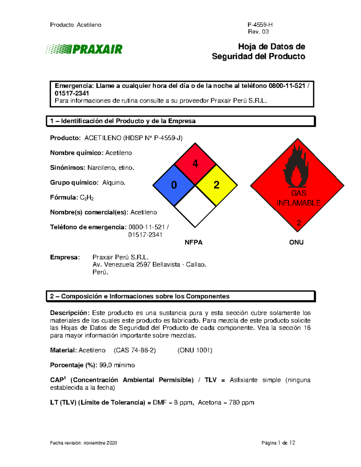 Hoja de Datos de Seguridad del Acetileno - Praxair (Rev. 03) - Studocu