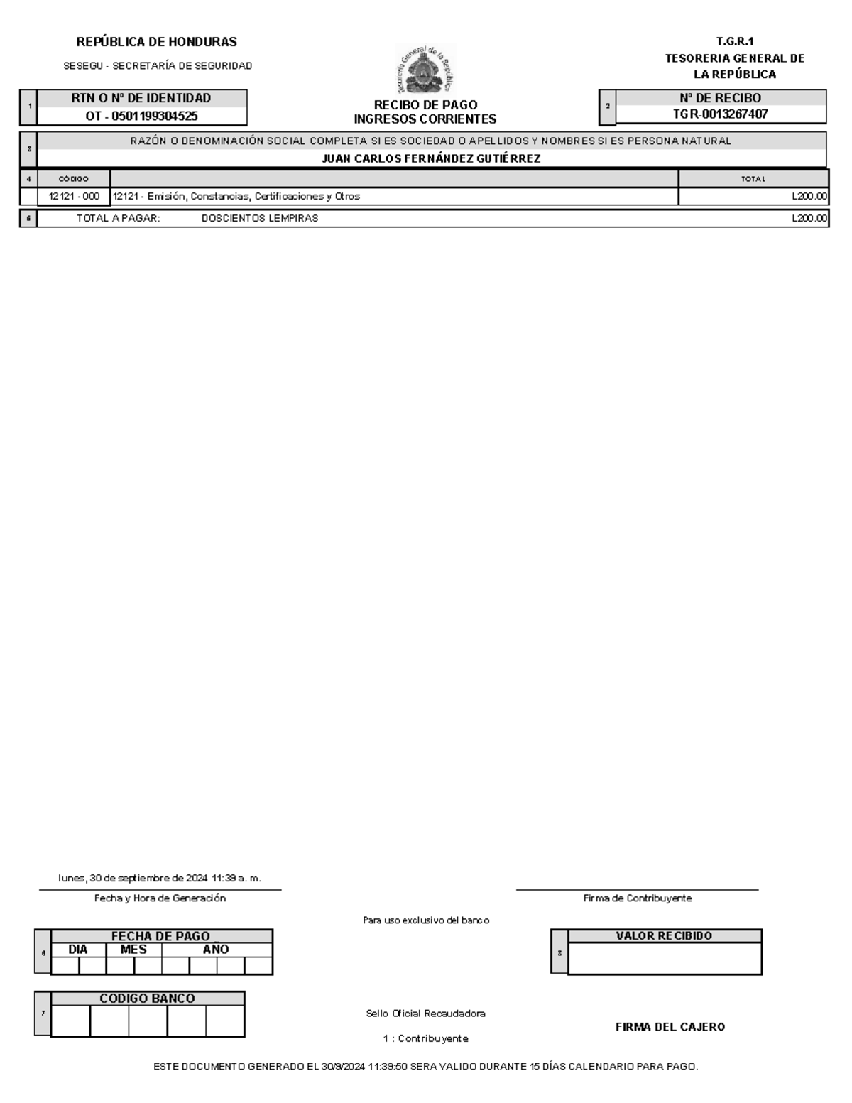 Recibo TGR - Emisión y Pago de Certificaciones L200 - Sept 2024 - Studocu