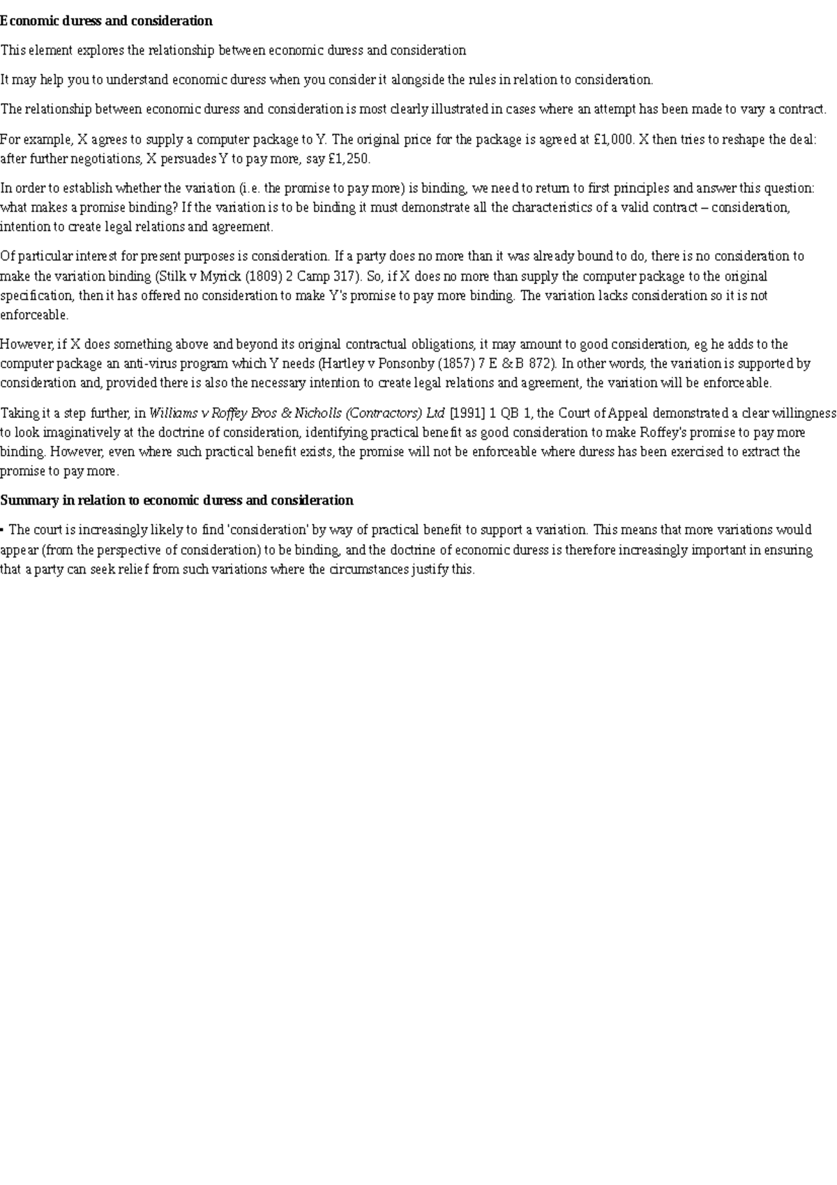 Economic Duress & Consideration: Key Insights & Case Analysis - Studocu