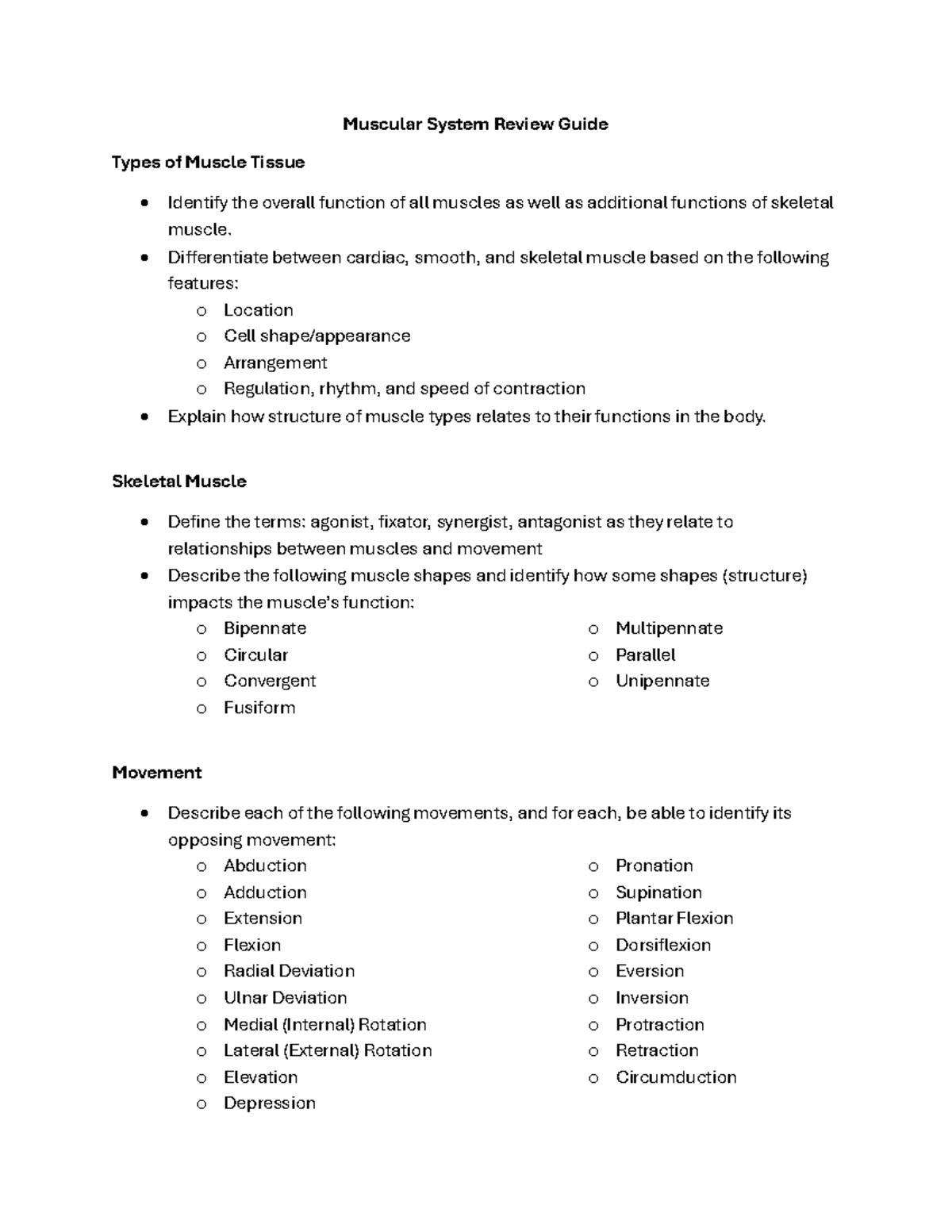 Biology 101: Muscular System Study Guide & Review Notes - Studocu