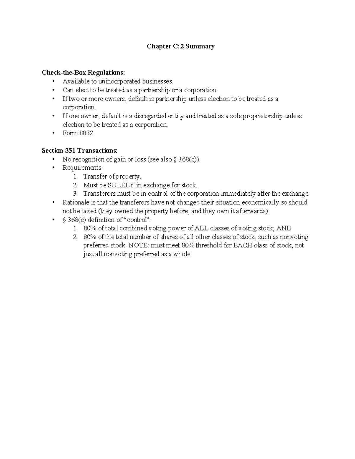 Chapter C:2 Summary: Section 351 Transactions & Tax Implications - Studocu