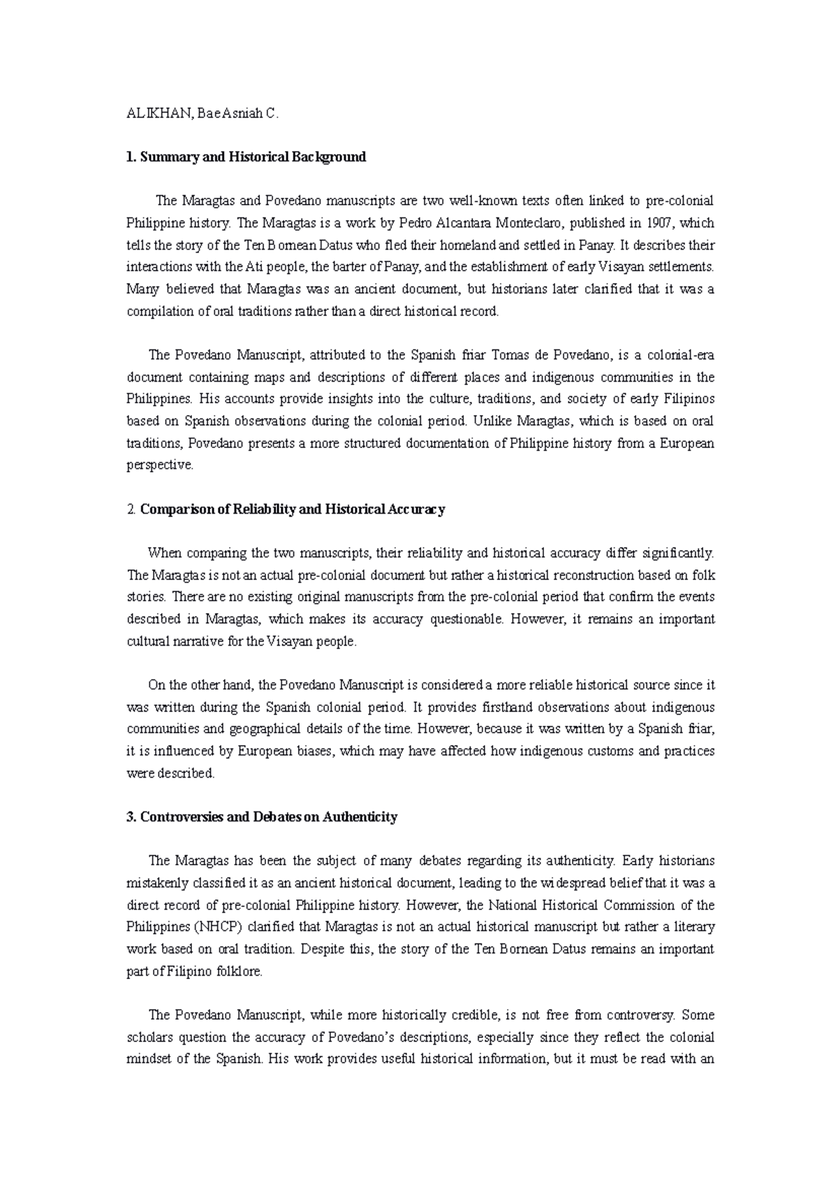 HIST 101: Analysis of Maragtas and Povedano Manuscripts - Studocu