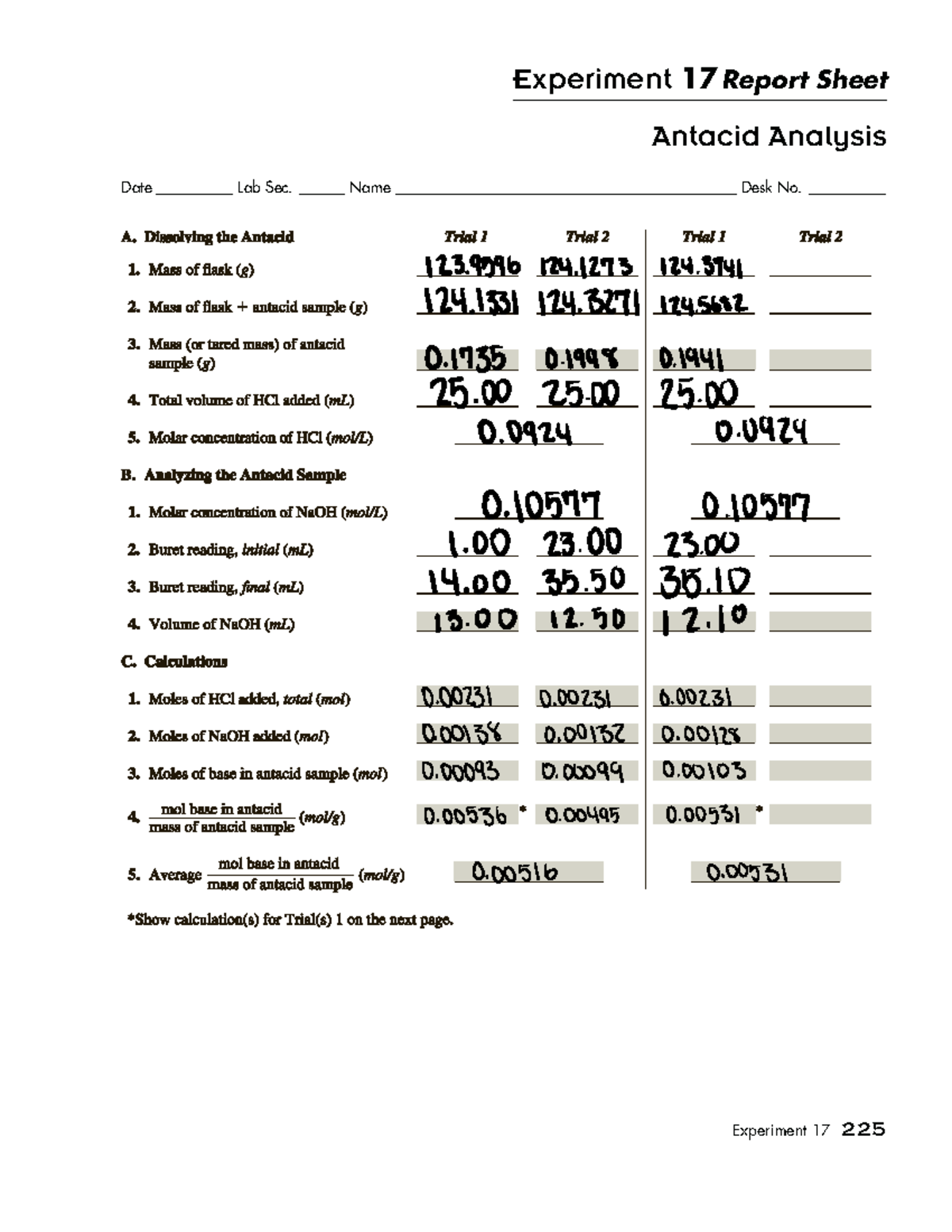 Experiment 17 report sheet - Experiment 17 Report Sheet Antacid ...