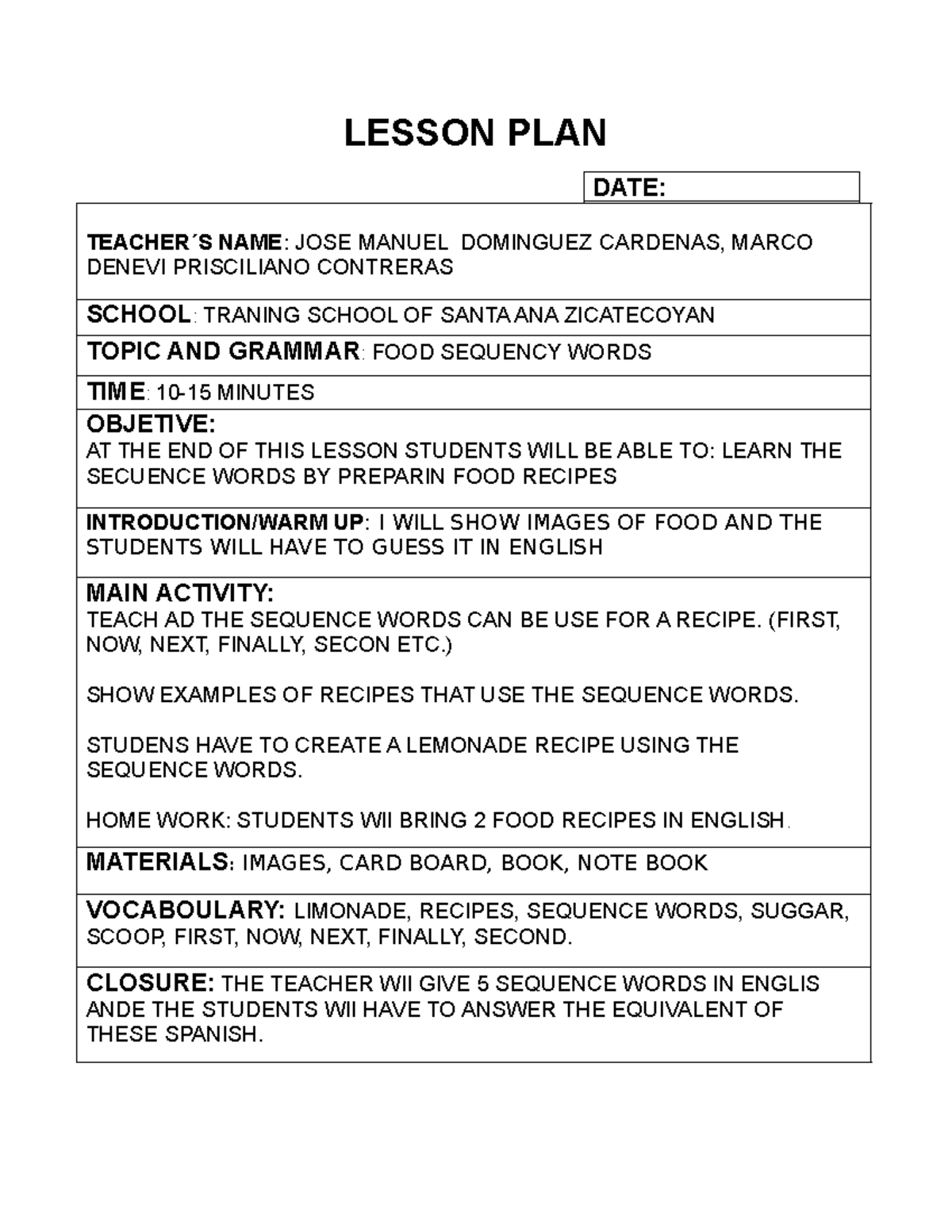 Lesson Plan: Food Sequence Words for English Recipes - Studocu