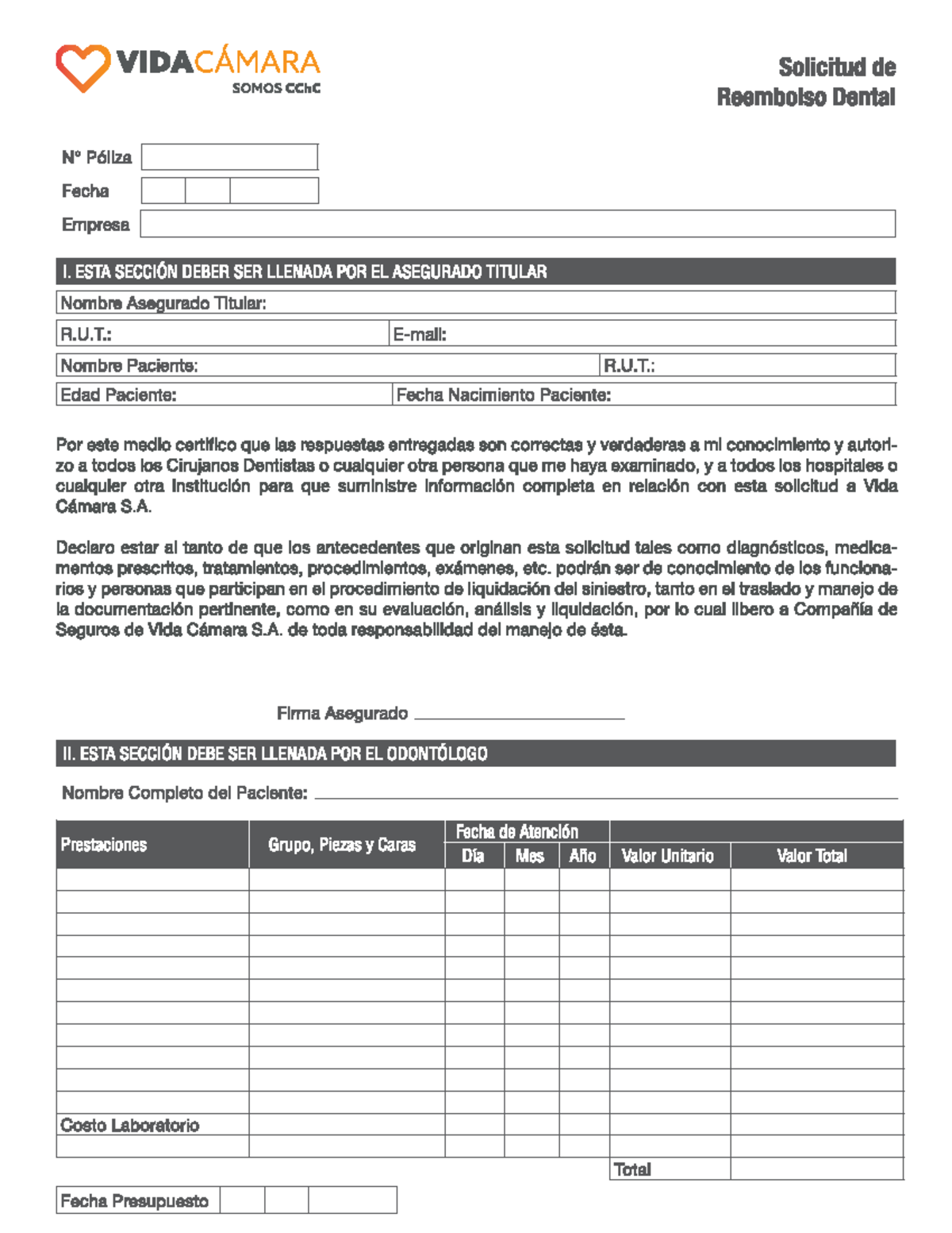 Formulario de Solicitud de Reembolso Dental - VIDACAMARA - Studocu