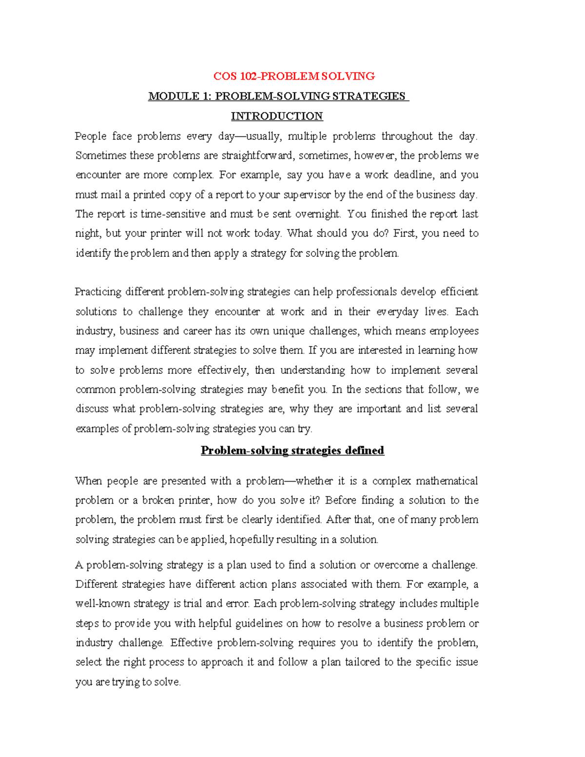 COS 102 - Module 1: Introduction to Problem Solving Strategies - Studocu
