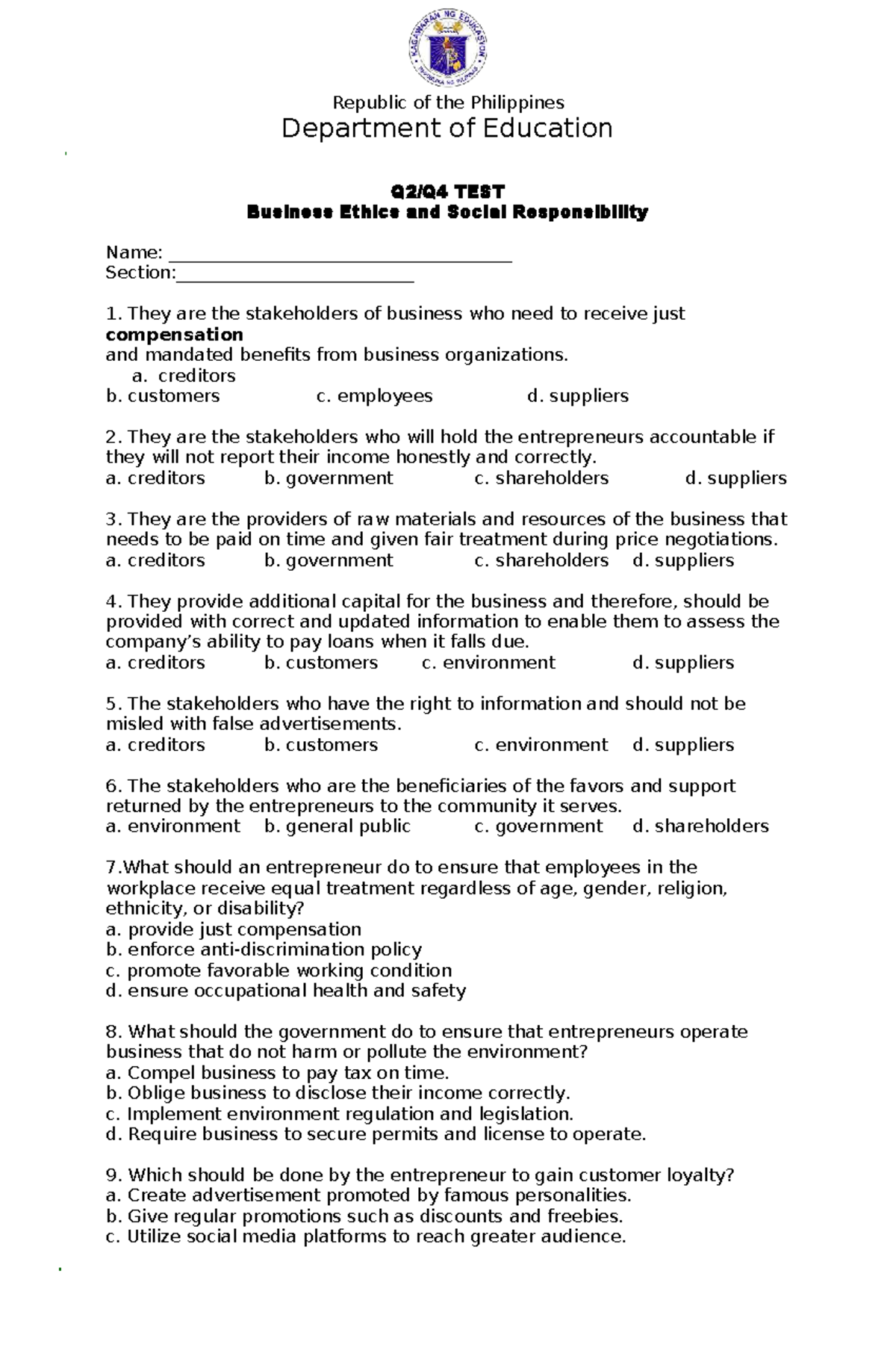 Business Ethics and Social Responsibility Test Q4 - Studocu