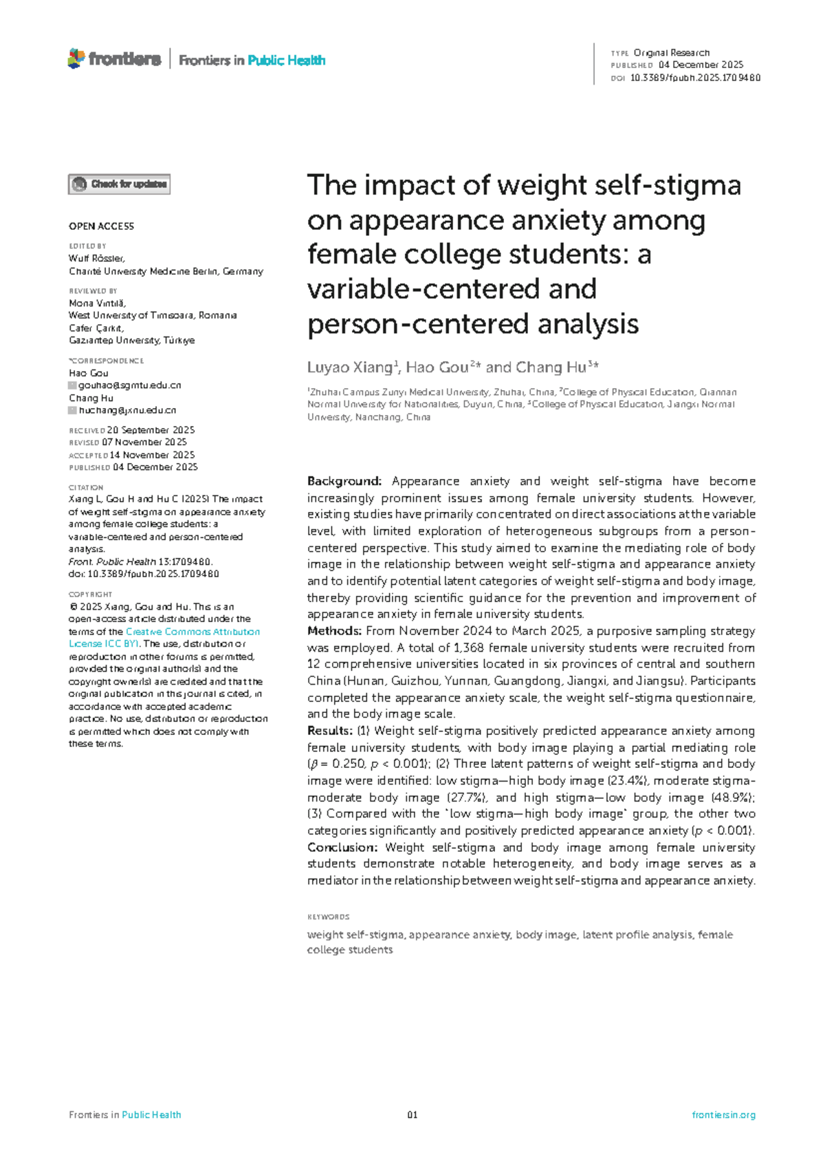 The Impact of Weight on Appearance Anxiety in Female College Students ...