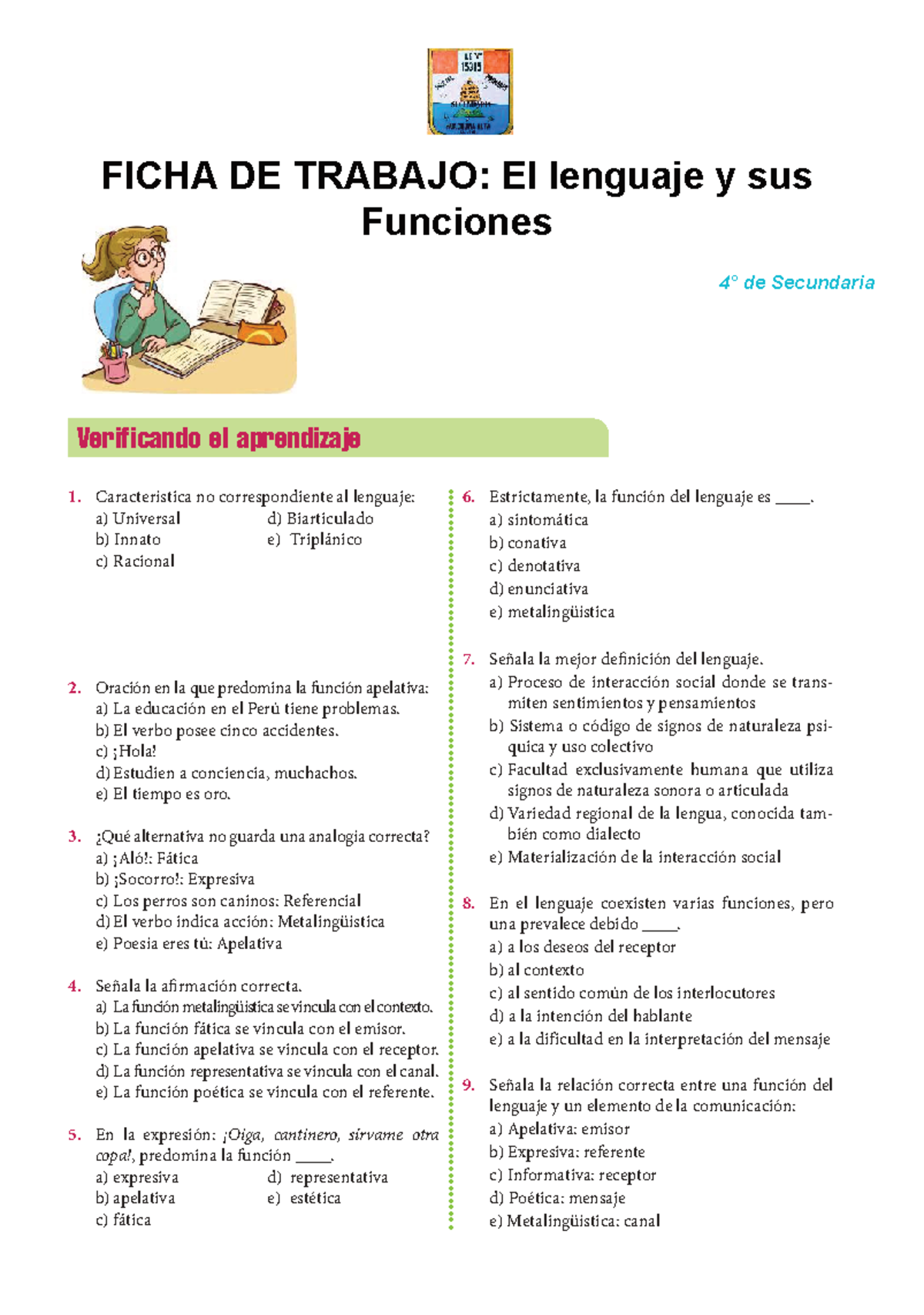 Funciones del Lenguaje - Ficha de Trabajo 4° Sec. - UNMSM - Studocu
