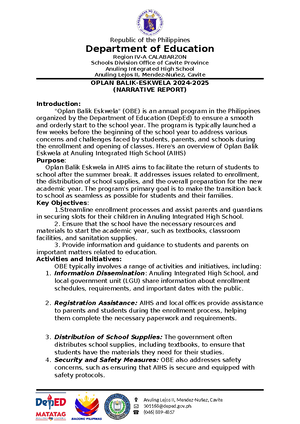Early Registration - NARRATIVE REPORT - Department of Education Region ...