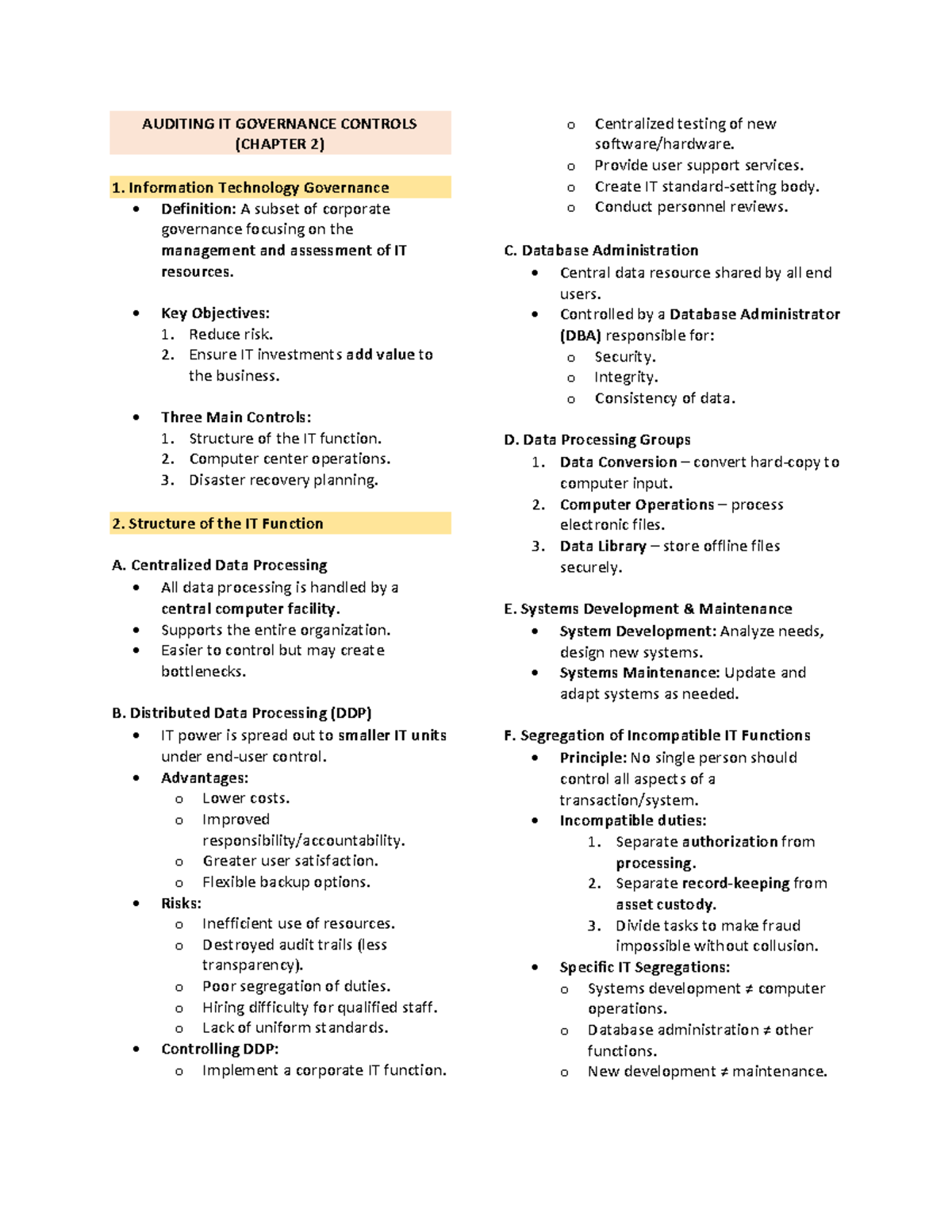 AUDITING IT GOVERNANCE CONTROLS (CIS 101) - CHAPTER 2 REVIEWER - Studocu