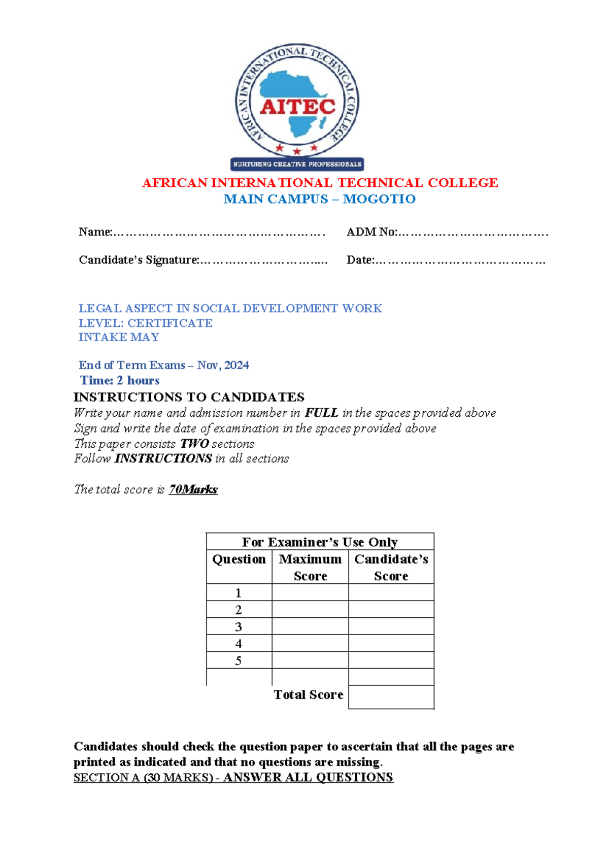 Legal Aspect - End of Term Exam - Nov 2024 - Certificate Level - Studocu