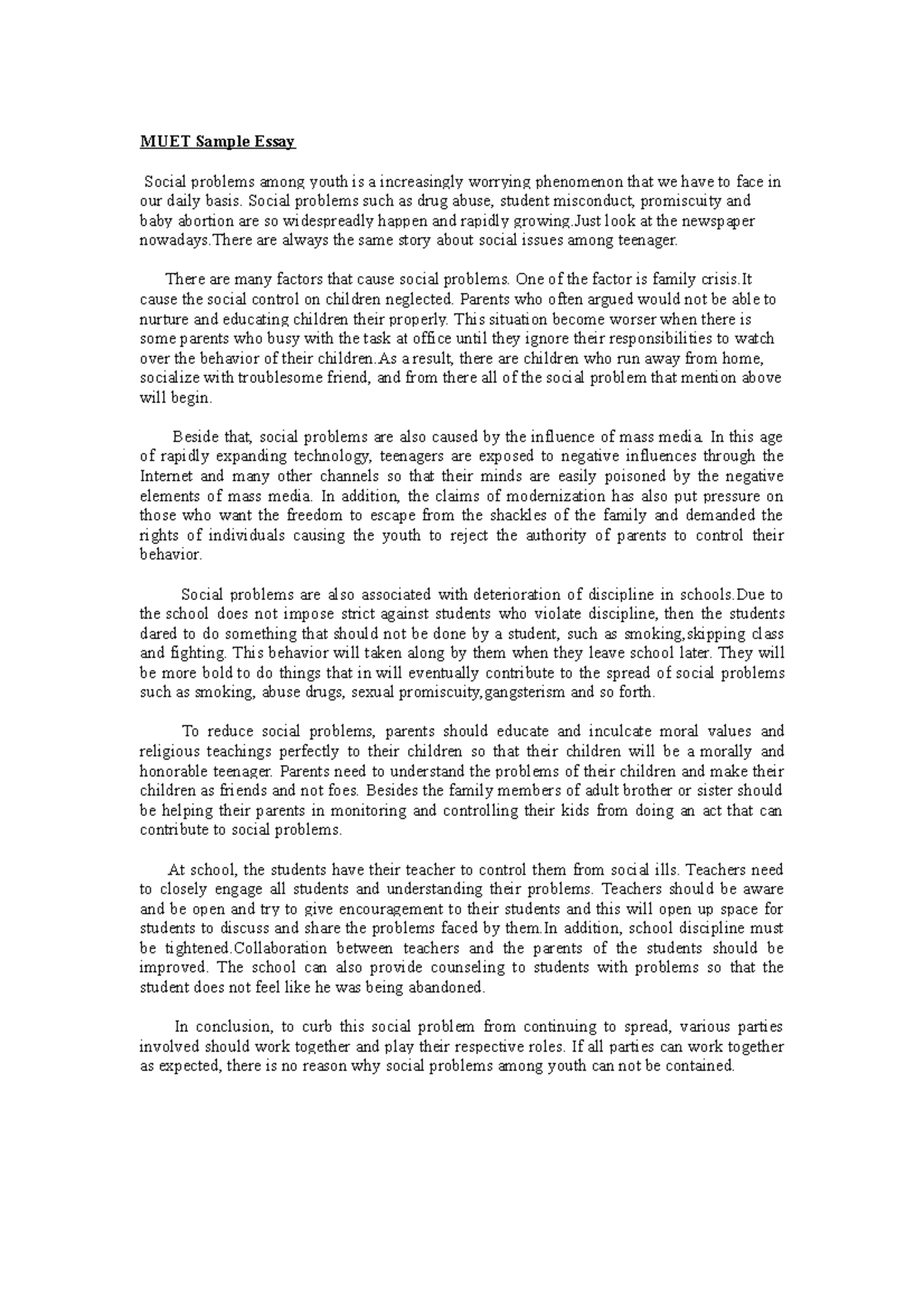 MUET Sample Essay - MUET Sample Essay Social problems among youth is a ...