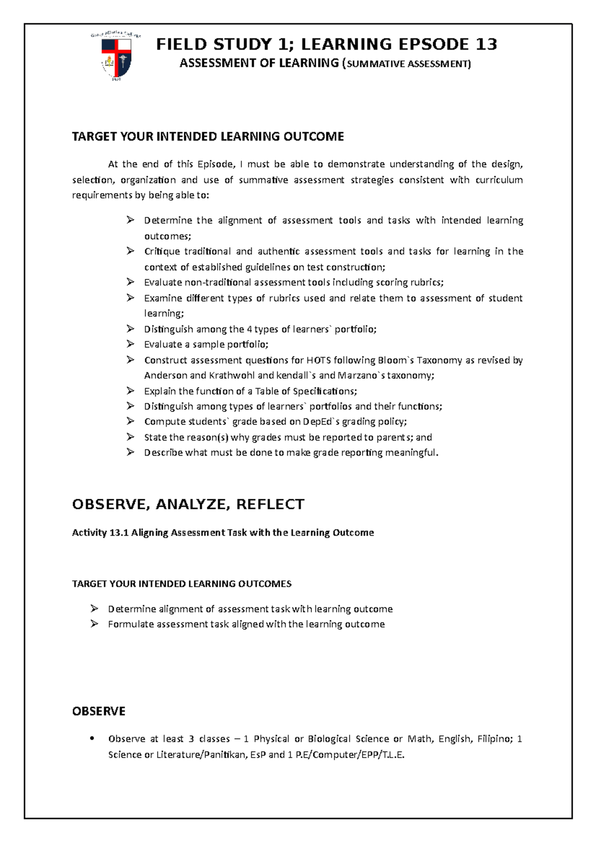 Fs1 - Episode 13: Evaluating Summative Assessment Strategies - Studocu